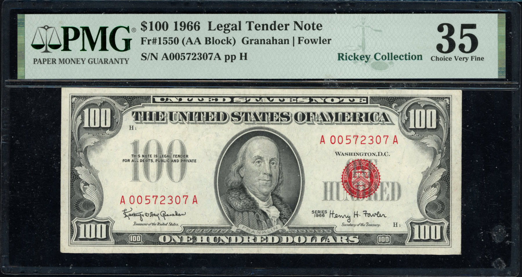 Fr. 1550 (AA Block) 1966 $100 Legal Tender Note Granahan / Fowler PMG ...