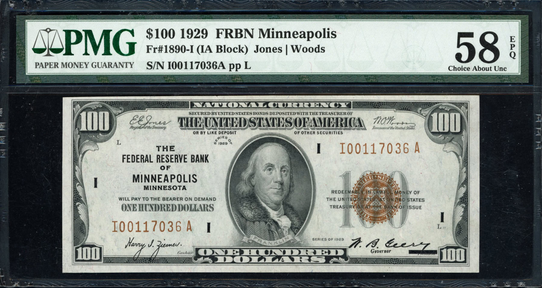 Fr. 1890-I (IA Block) 1929 $100 Minneapolis Federal Reserve Bank Note ...