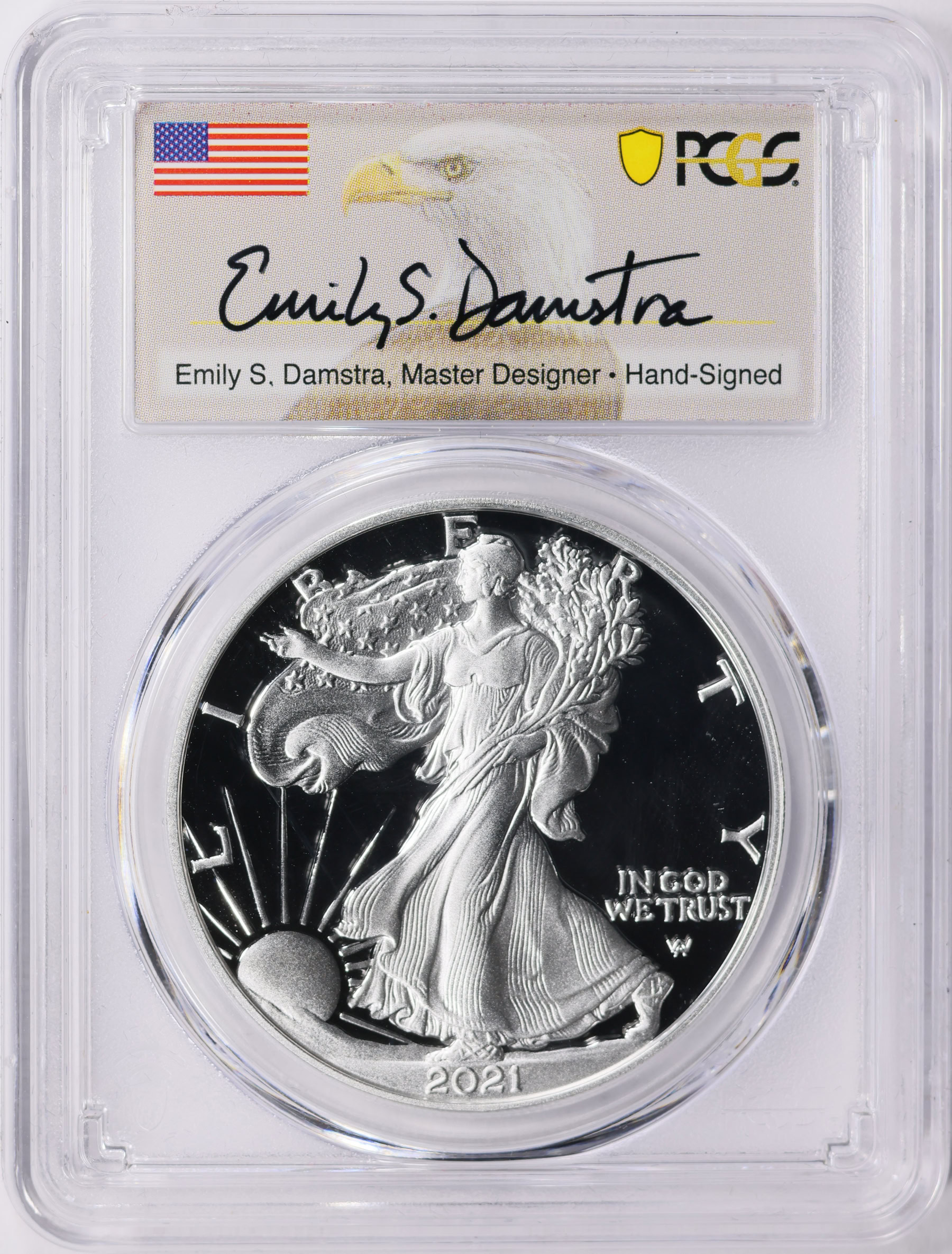 2021-W $1 Silver Eagle Type 2 Advance Release PCGS Proof-70 DCAM (Emily S. Damstra Signed Label ...