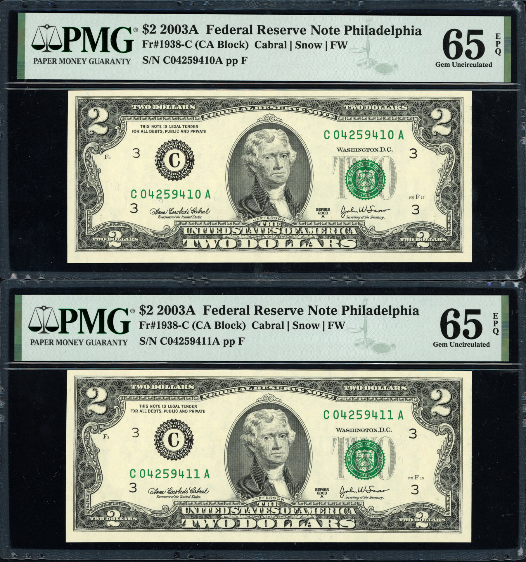 Fr. 1938-C (CA Block) 2003A $2 Philadelphia Federal Reserve Notes ...