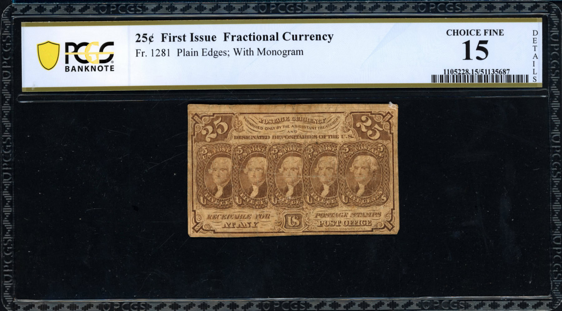 Fr. 1281 First Issue 25 Cents Fractional Currency Note Straight Edges ...