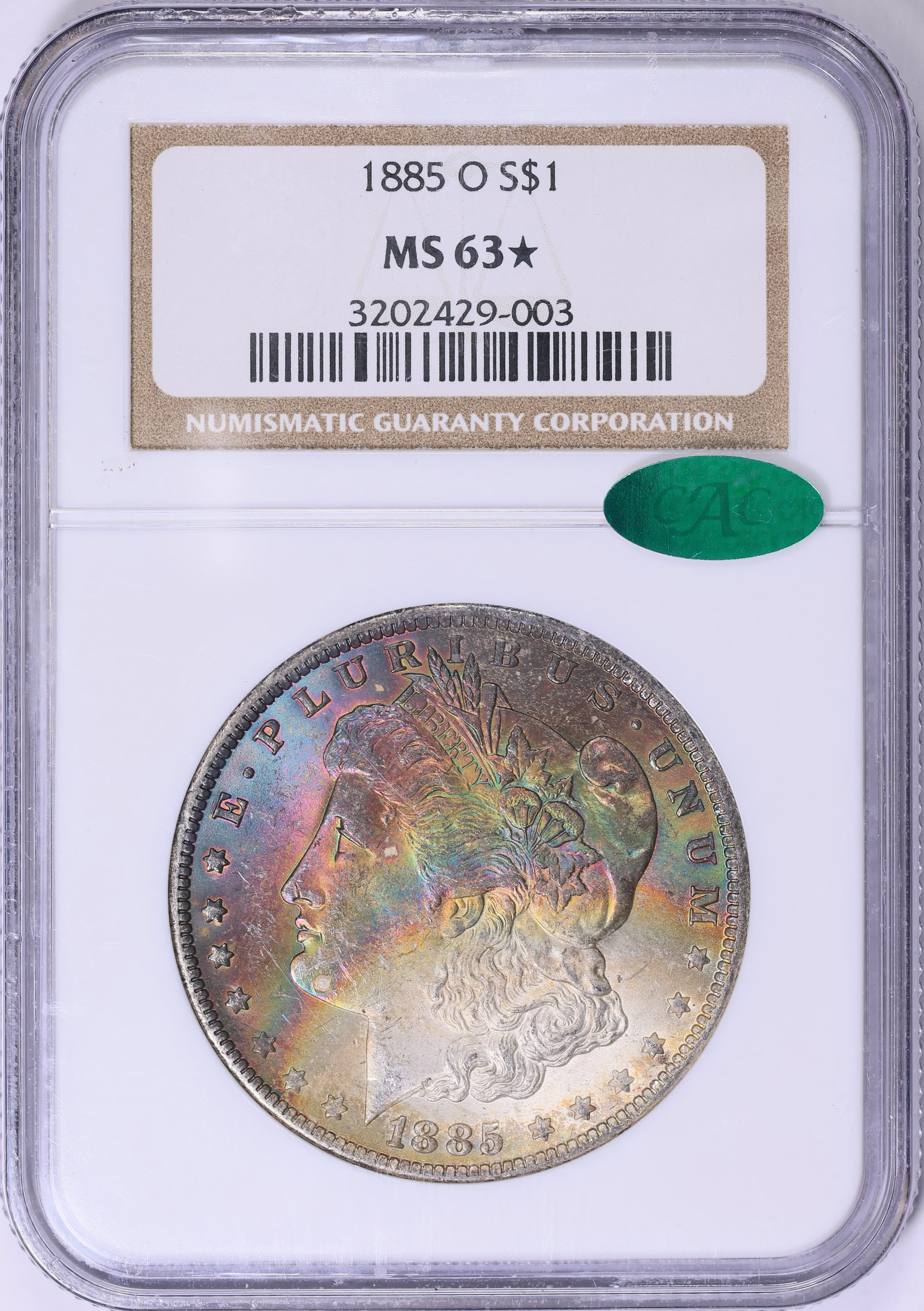 1885-O Morgan Silver Dollar NGC MS-63 ★ (CAC Green) (Toned) (Item 1800482) | GreatCollections ...