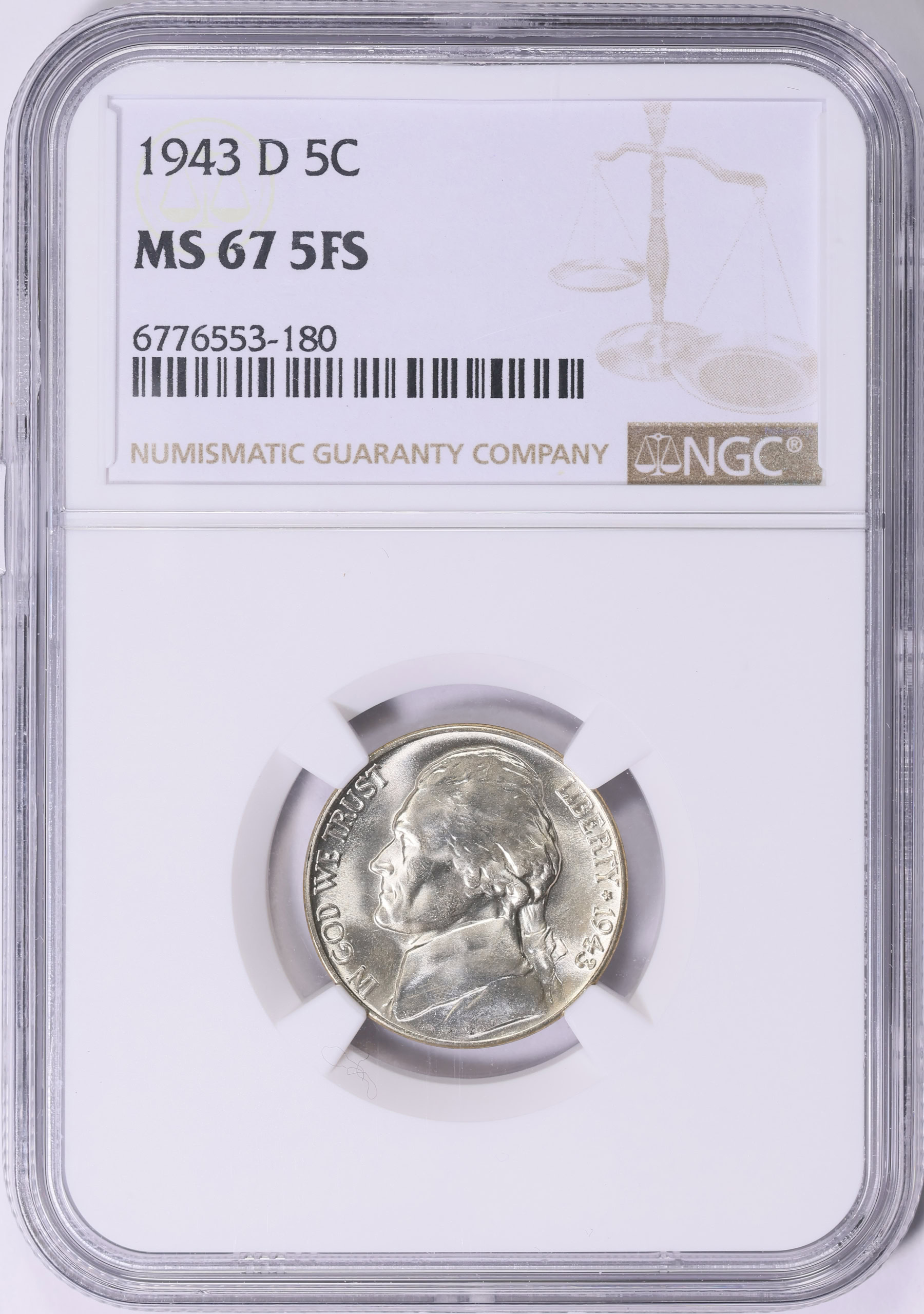 1943-D Jefferson Nickel NGC MS-67 5FS (Item 1800550) | GreatCollections Coin Auctions