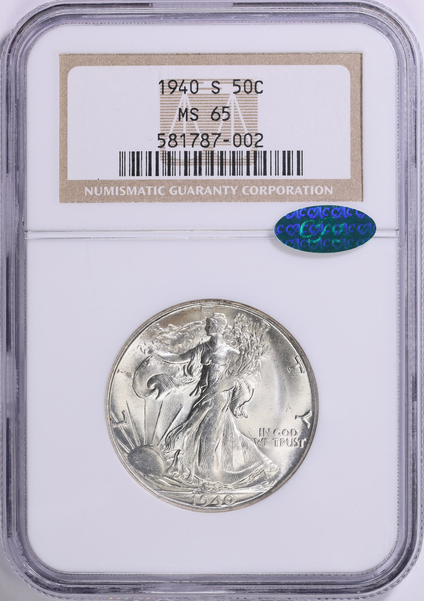1940-S Walking Liberty Half Dollar NGC MS-65 (CAC Green) (Item 1800568) | GreatCollections Coin ...