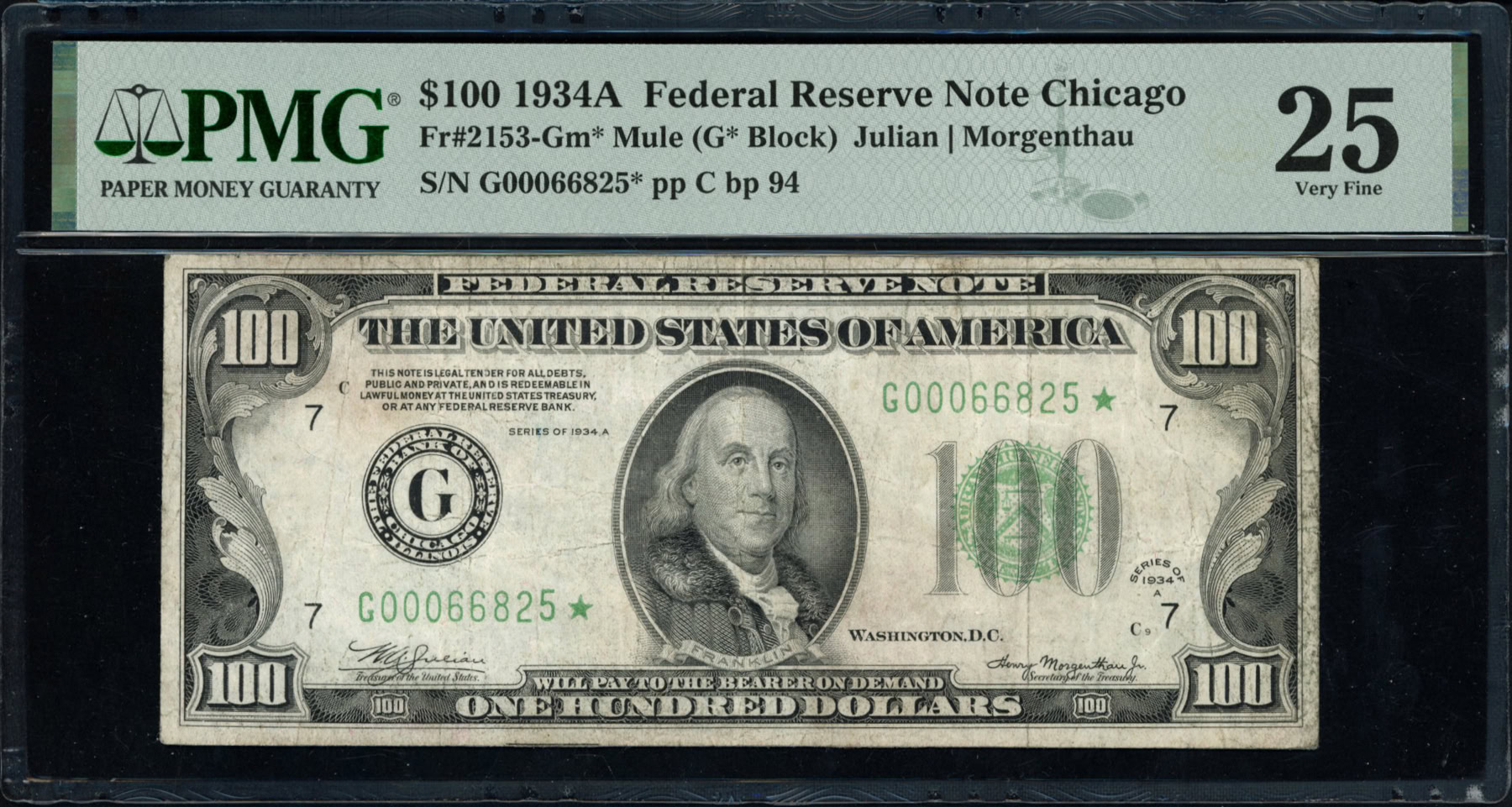 Fr. 2153-Gm* (G* Block) 1934A $100 Chicago Federal Reserve Mule Star Note Julian / Morgenthau ...