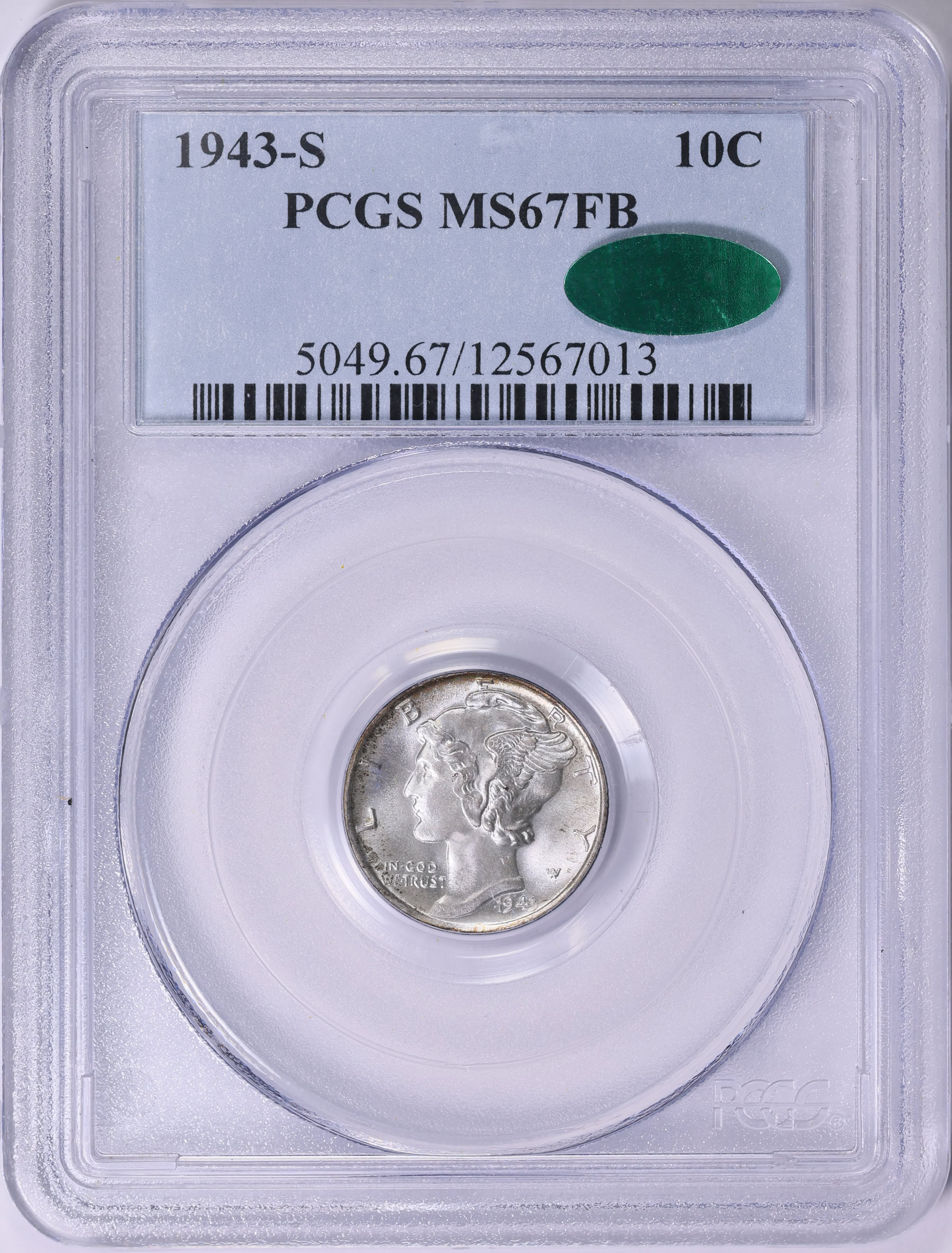 1943-S Mercury Dime PCGS MS-67 FB (CAC Green) (Item 1800647) | GreatCollections Coin Auctions