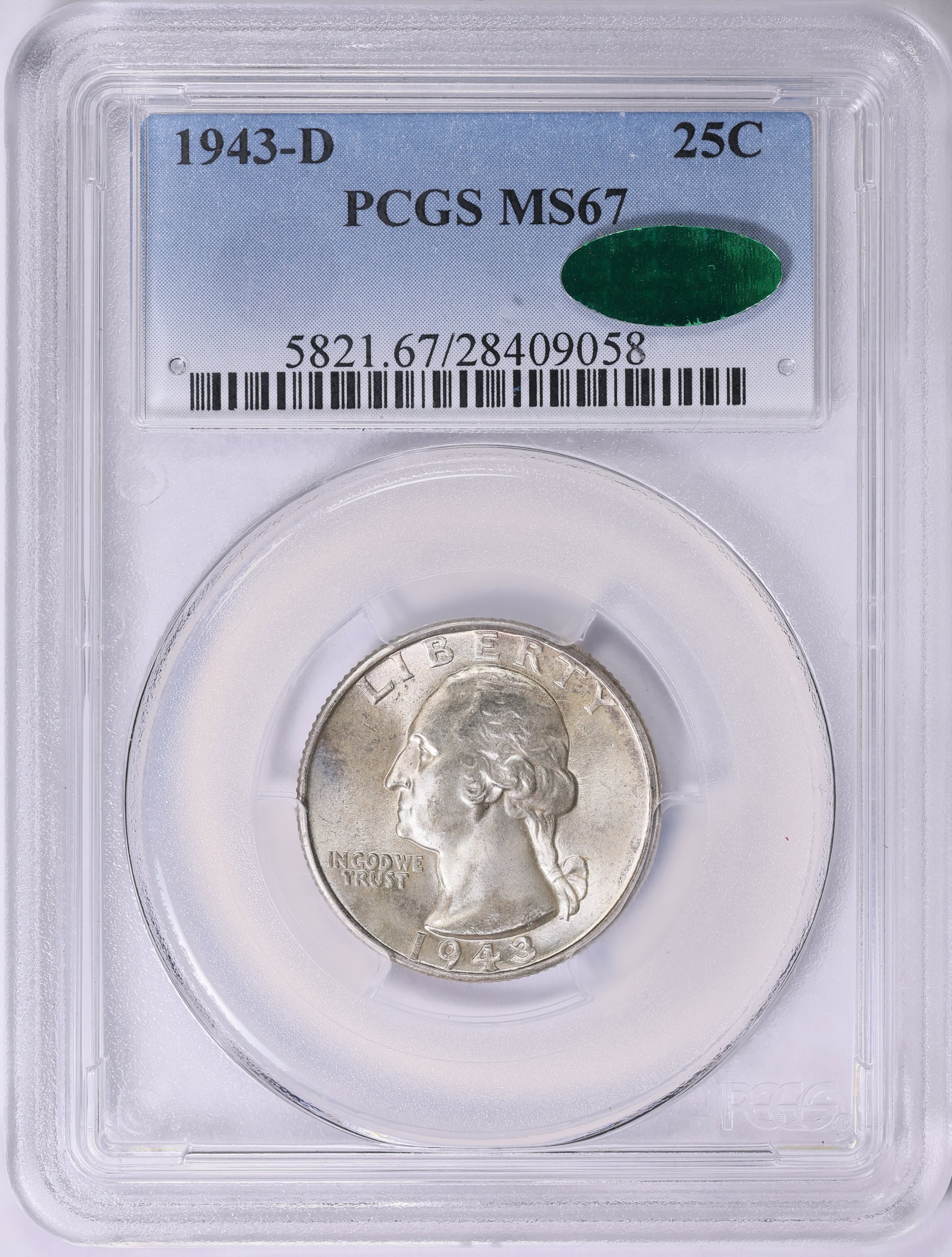 1943-D Washington Quarter PCGS MS-67 (CAC Green) (Item 1800649) | GreatCollections Coin Auctions