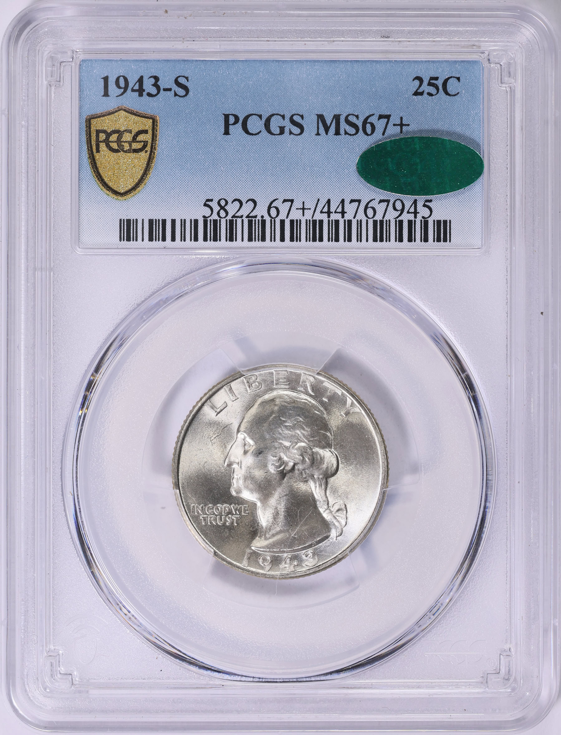 1943-S Washington Quarter PCGS MS-67+ (CAC Green) (Item 1800650) | GreatCollections Coin Auctions