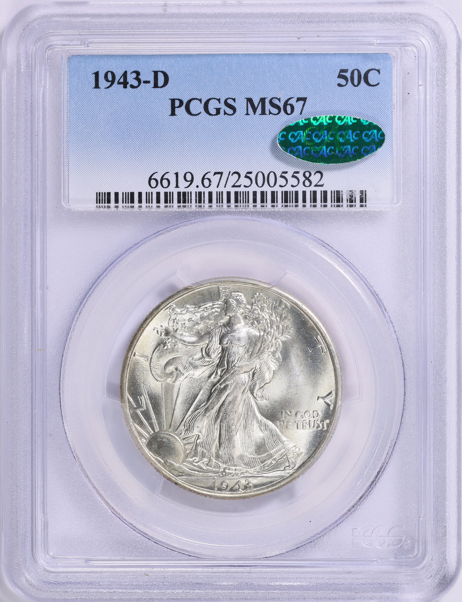 1943-D Walking Liberty Half Dollar PCGS MS-67 (CAC Green) (Item 1800653) | GreatCollections Coin ...
