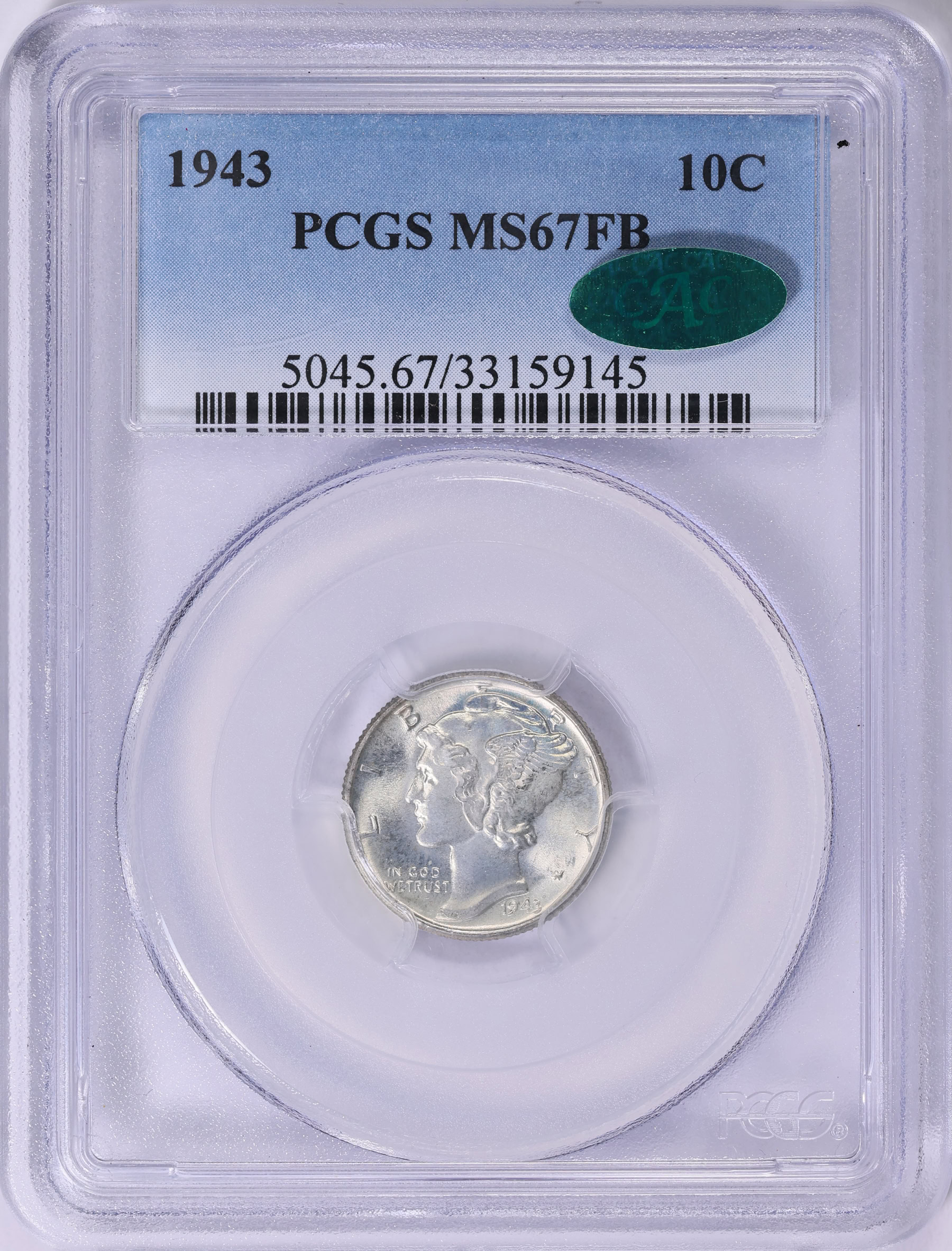 1943 Mercury Dime PCGS MS-67 FB (CAC Green) (Item 1800656) | GreatCollections Coin Auctions