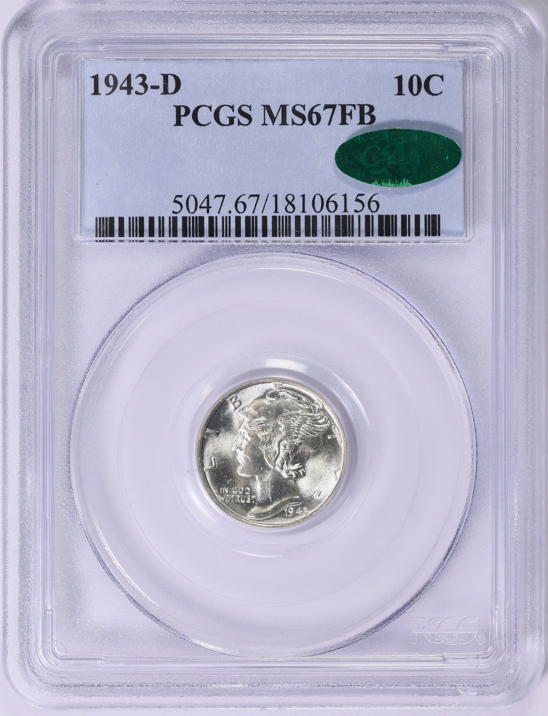 1943-D Mercury Dime PCGS MS-67 FB (CAC Green) (Item 1800657) | GreatCollections Coin Auctions