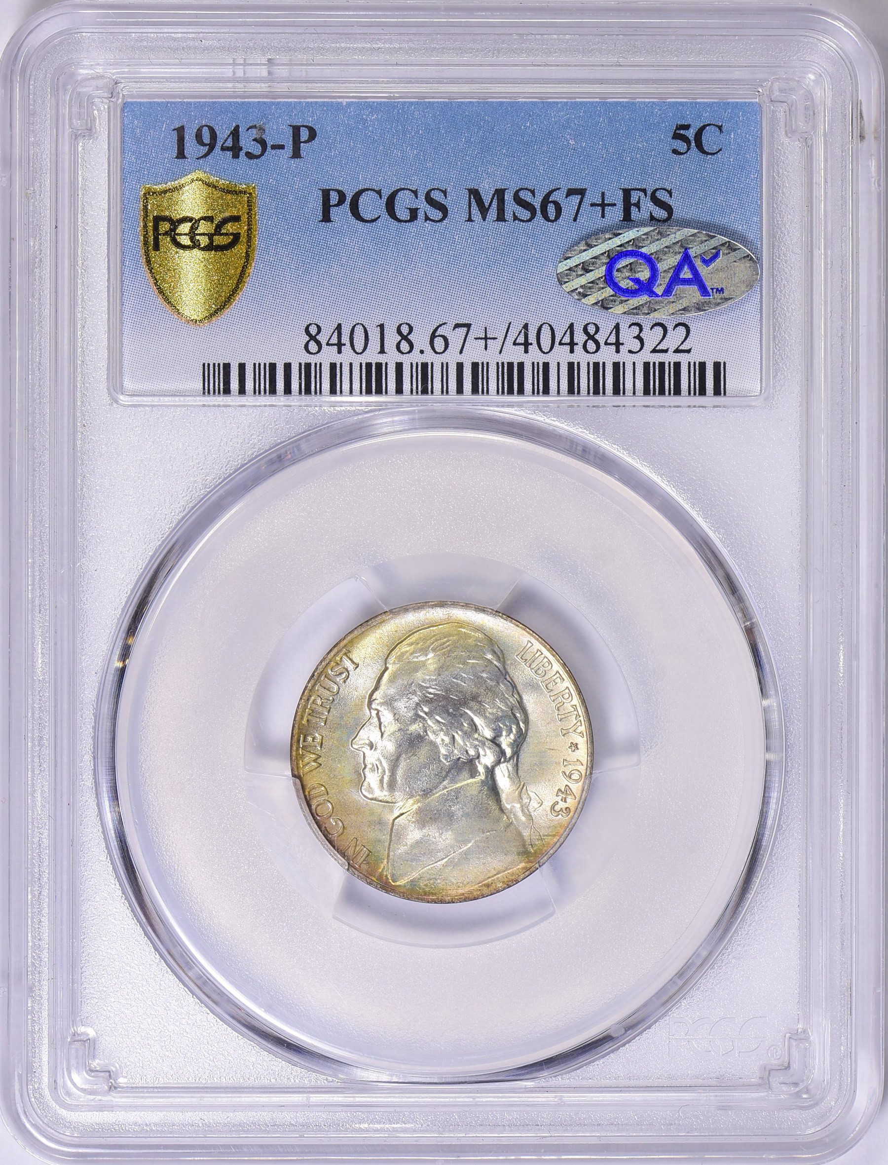 1943-P Jefferson Nickel PCGS MS-67+ FS (QA) (Toned) (Item 1800658) | GreatCollections Coin Auctions