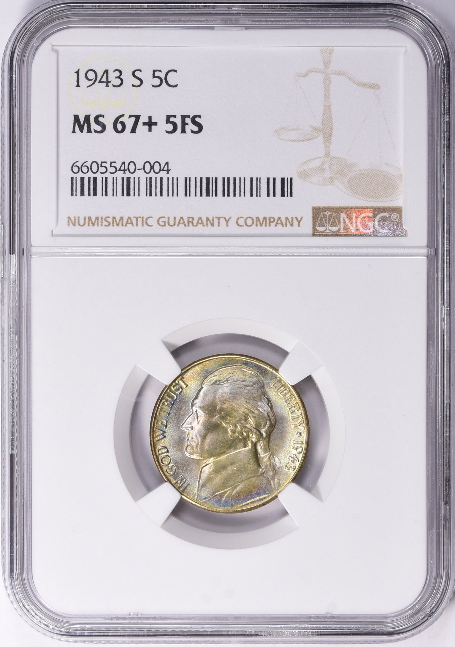 1943-S Jefferson Nickel NGC MS-67+ 5FS (Toned) (Item 1800669) | GreatCollections Coin Auctions