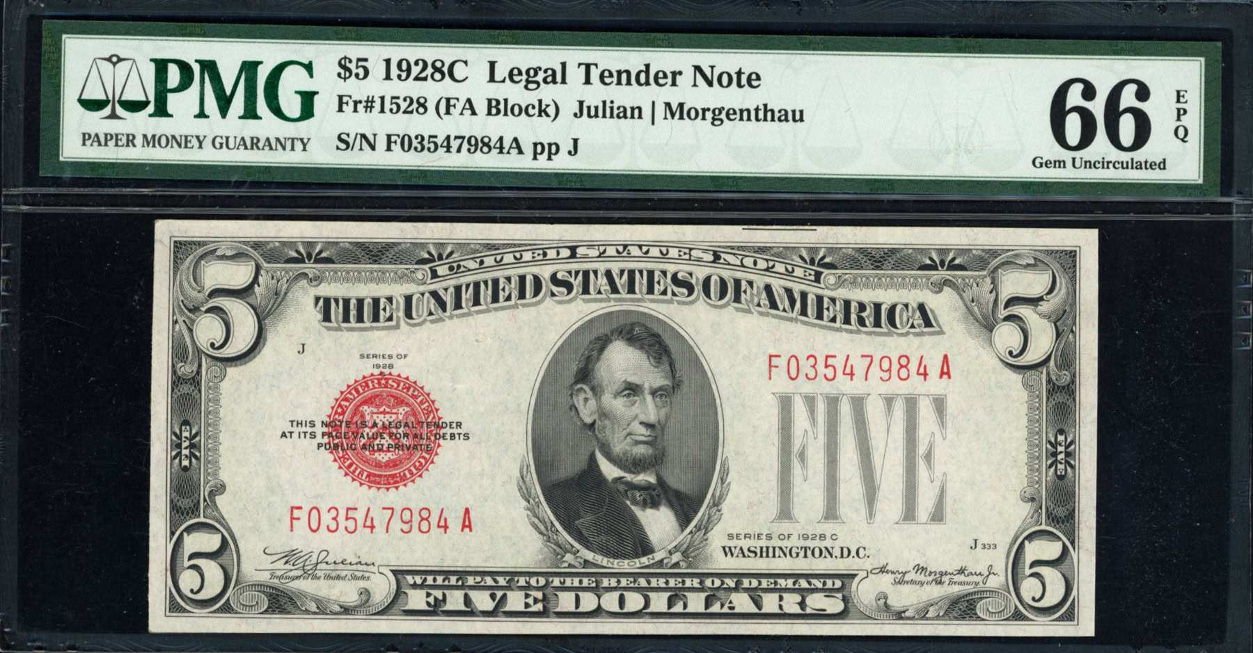 Fr. 1528 (FA Block) 1928C $5 Legal Tender Note Julian / Morgenthau PMG ...