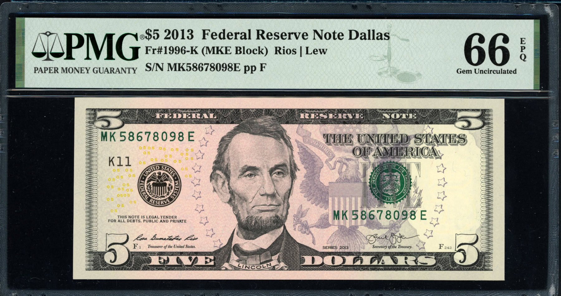 Fr. 1996-K (MKE Block) 2013 $5 Dallas Federal Reserve Note Rios / Lew ...