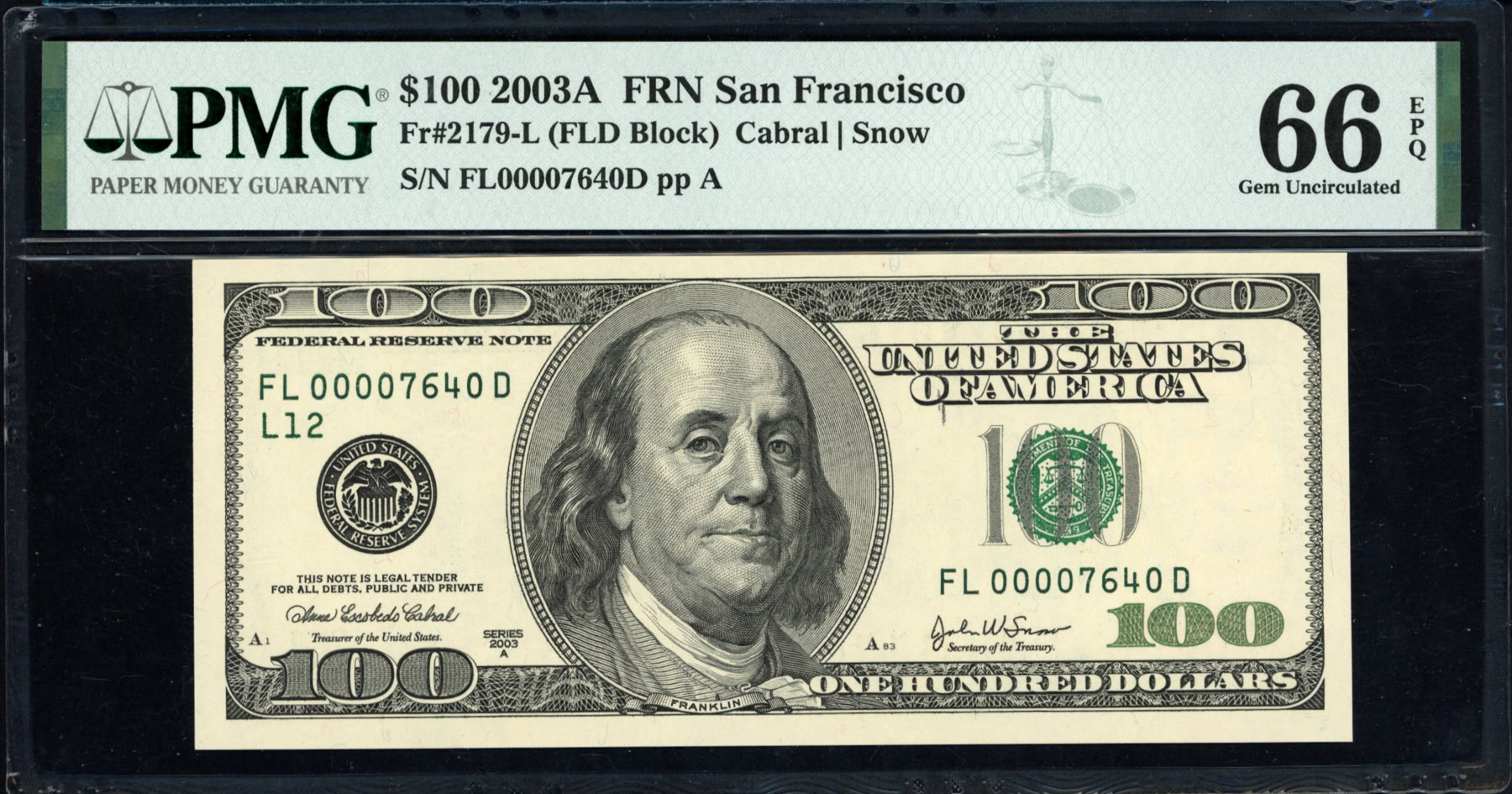Fr. 2179-L (FLD Block) 2003A $100 San Francisco Federal Reserve Note ...
