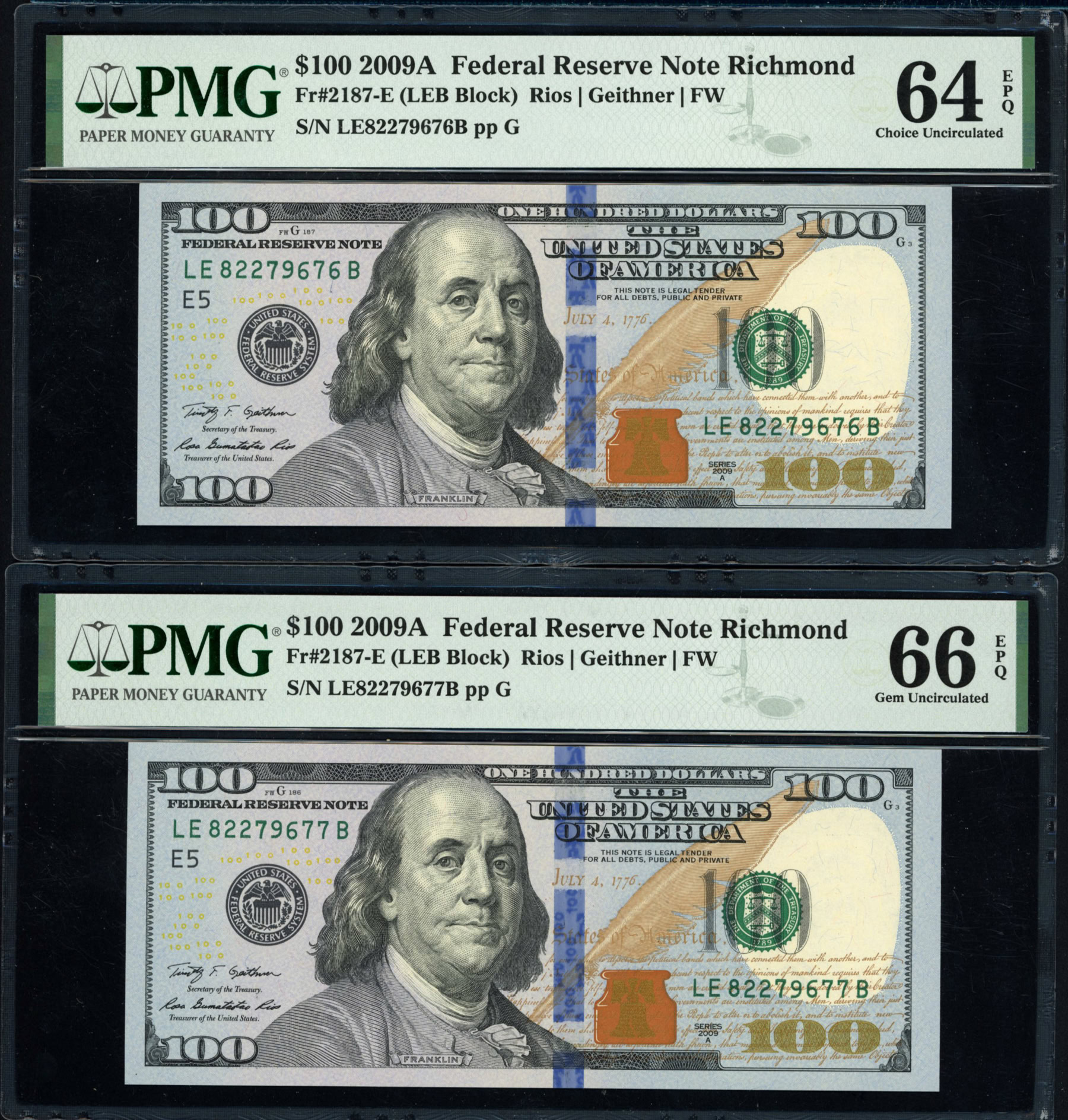 Fr. 2187-E (LEB Block) 2009A $100 Richmond Federal Reserve Notes ...