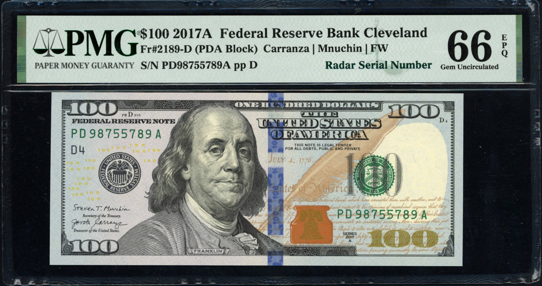 Fr. 2189-D (PDA Block) 2017A $100 Cleveland Federal Reserve Note Radar ...