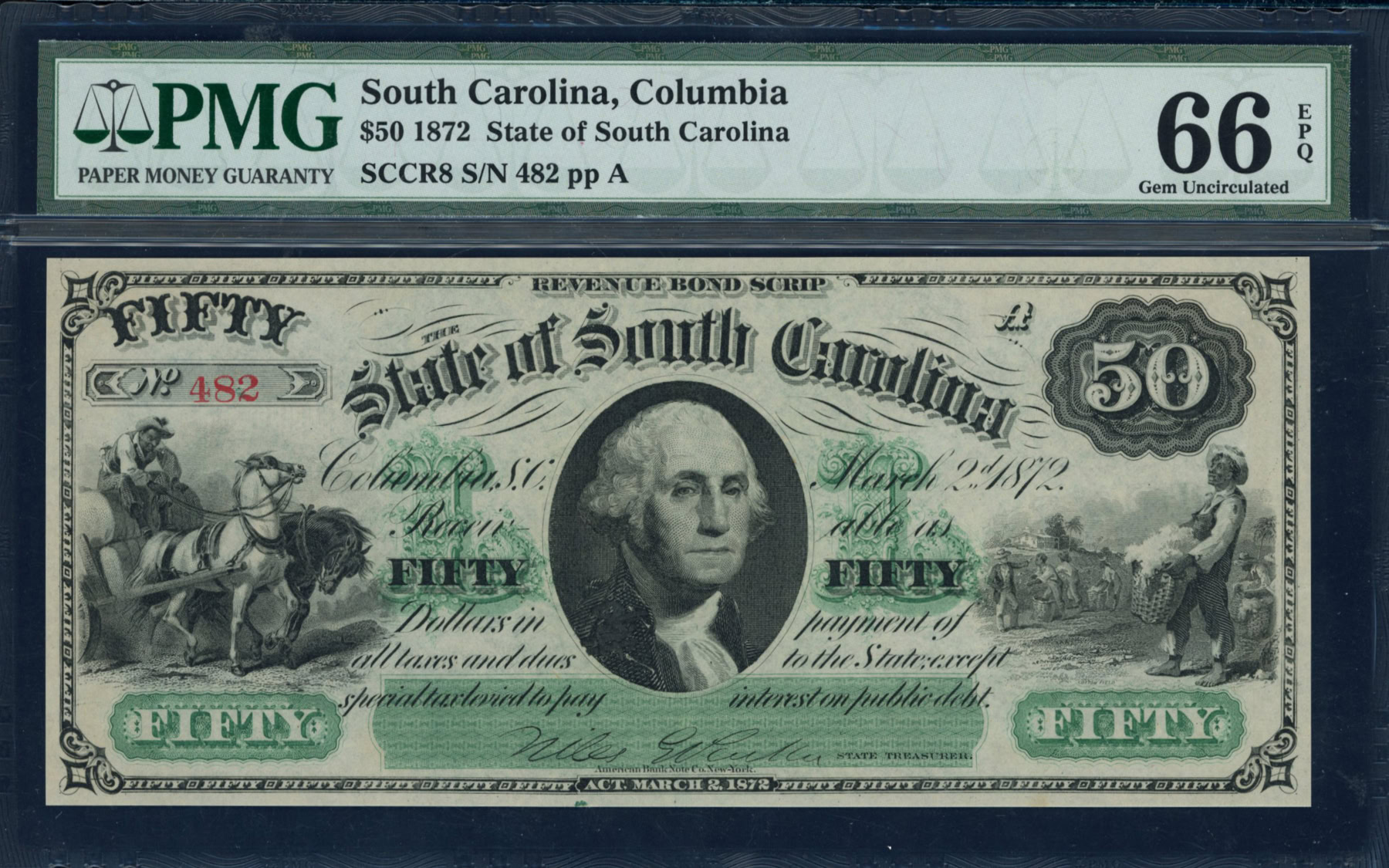 1872 Columbia, South Carolina State of South Carolina $50 Note PMG Gem ...