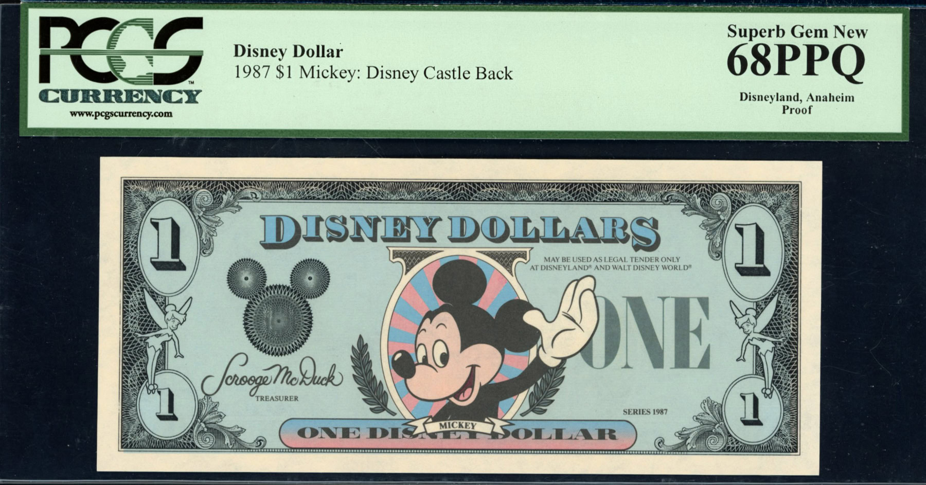 1987 $1 Disney Dollar Proof Note Mickey / Sleeping Beauty's Castle ...