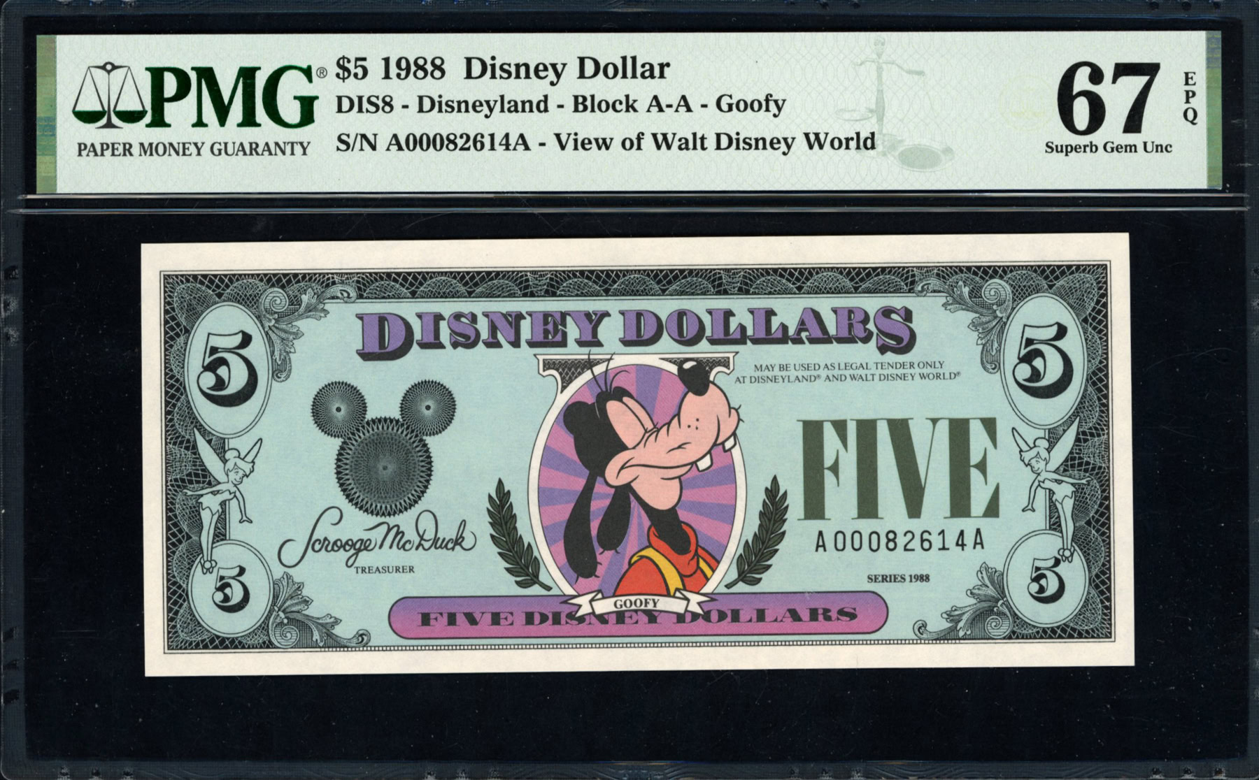 1988 Disneyland $5 Disney Dollar Goofy / View of Walt Disney World DIS8 ...