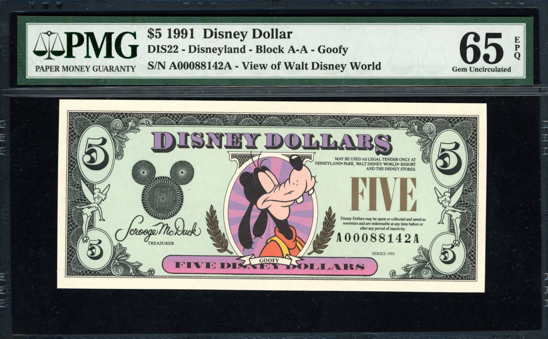 1991 Disneyland $5 Disney Dollar Goofy / View of Walt Disney World ...