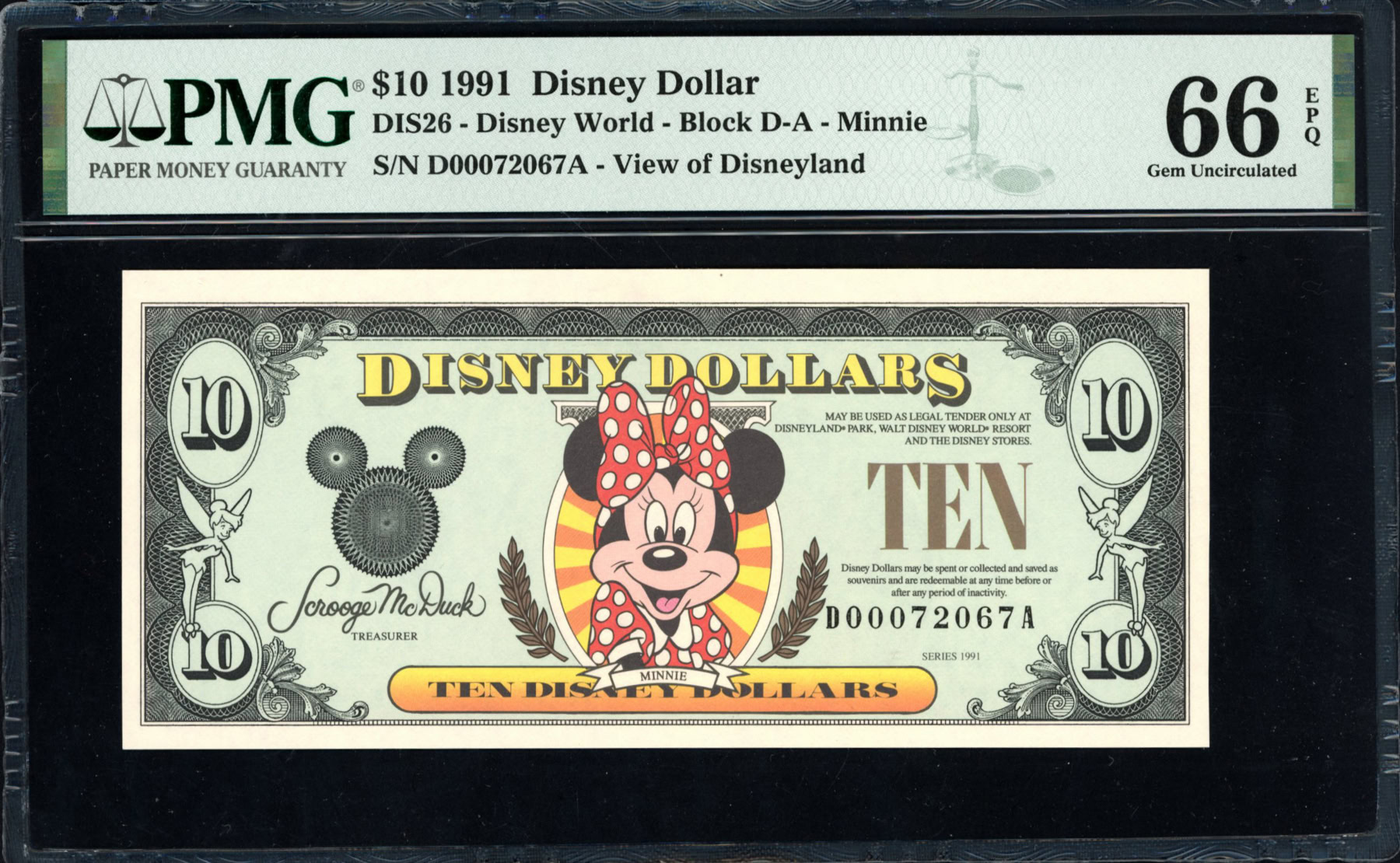 1991 Disney World $10 Disney Dollar Minnie / View of Disneyland DIS26 ...