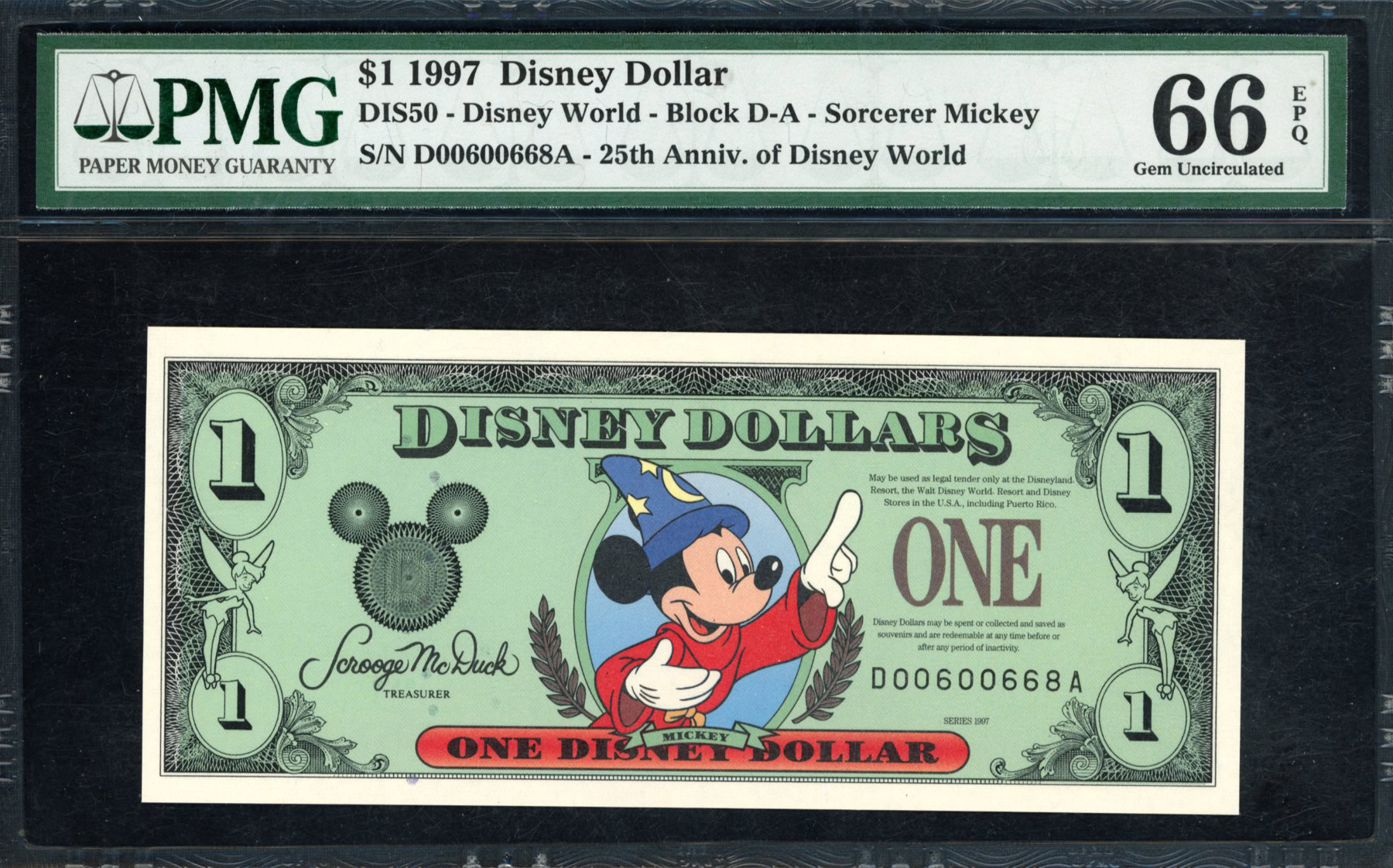1997 Disney World $1 Disney Dollar Sorcerer Mickey / 25th Anniversary ...