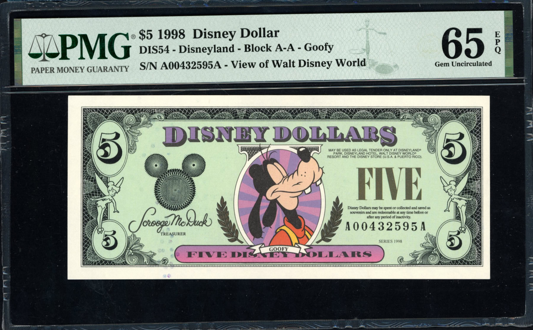 1998 Disneyland $5 Disney Dollar Goofy / View of Walt Disney World ...