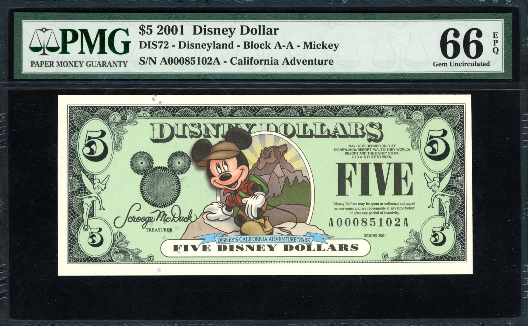 2001 Disneyland $5 Disney Dollar Mickey / California Adventure DIS72 ...