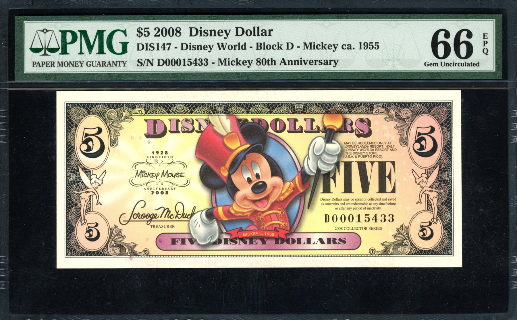 2008 Disney World $5 Disney Dollar Mickey ca. 1955 / Mickey 80th ...