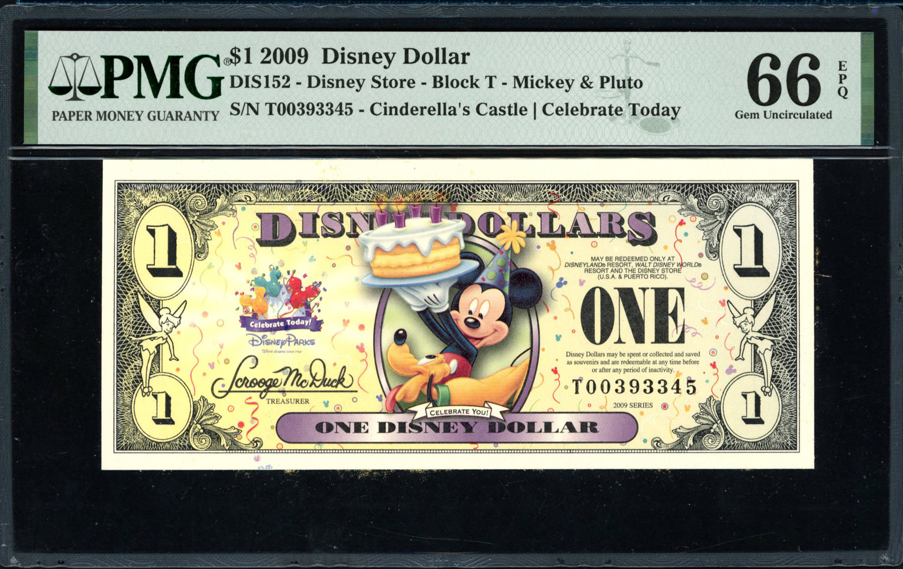 2009 Disney Store $1 Disney Dollar Mickey & Pluto / Cinderella's Castle ...