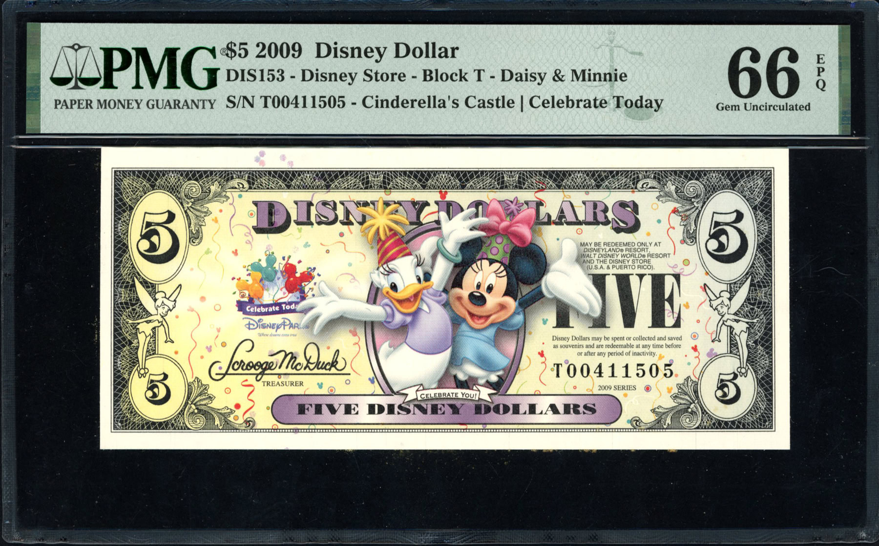 2009 Disney Store $5 Disney Dollar Daisy & Minnie / Cinderella's Castle ...