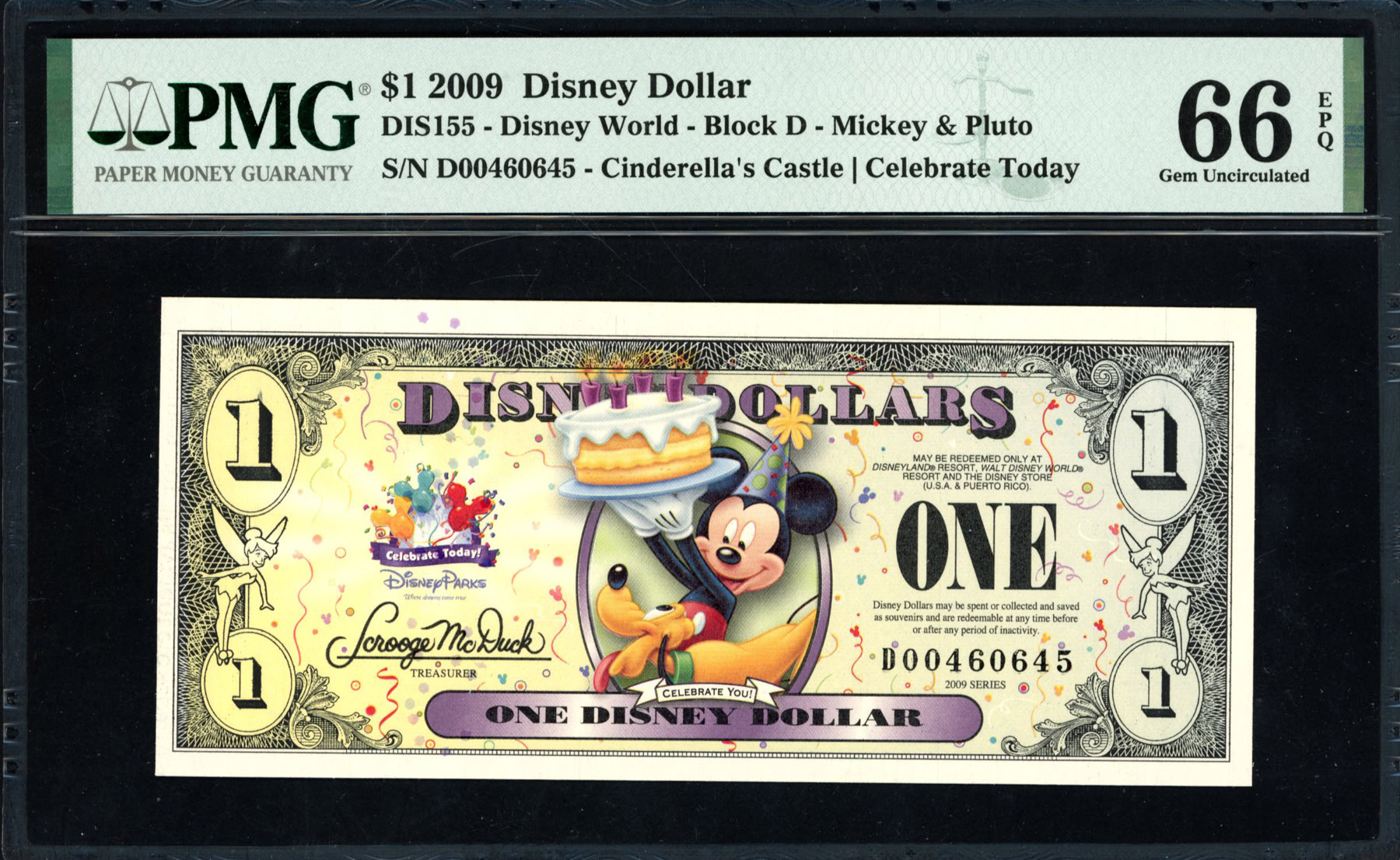 2009 Disney World $1 Disney Dollar Mickey & Pluto / Cinderella's Castle / Celebrate Today DIS155 ...