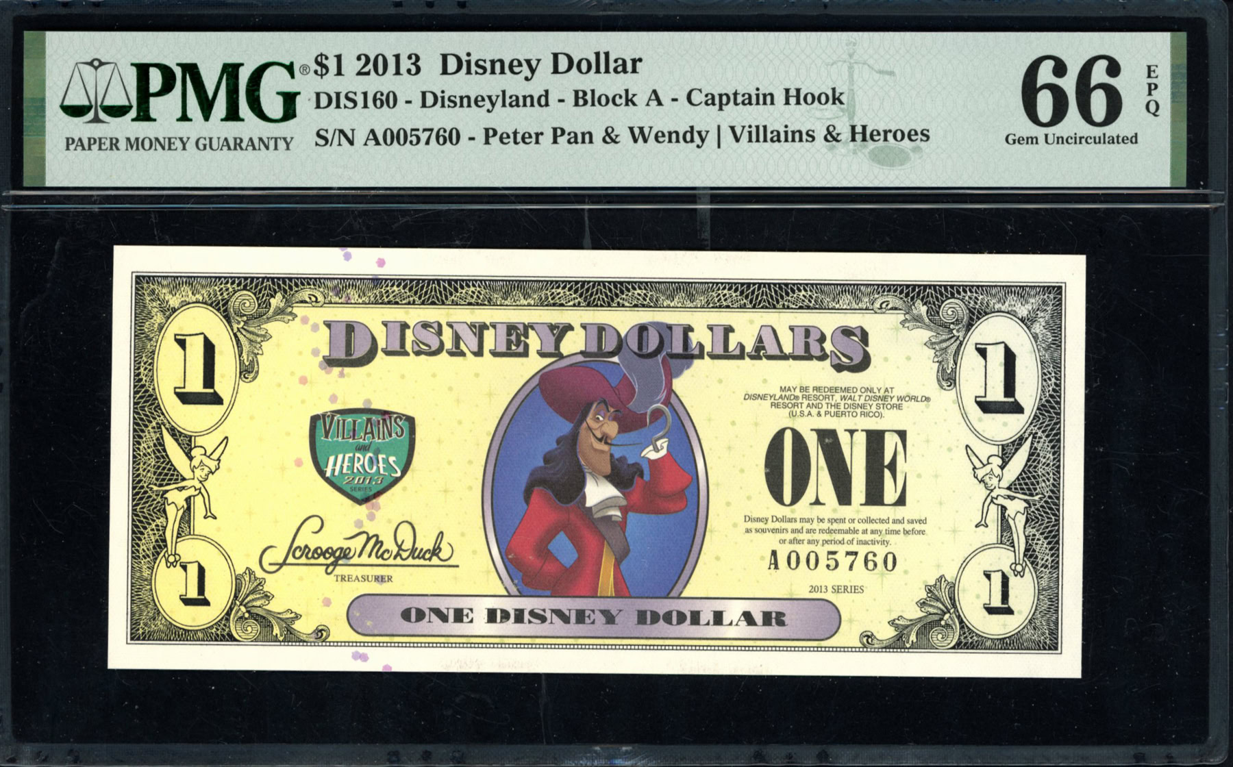 2013 Disneyland $1 Disney Dollar Captain Hook / Peter Pan & Wendy ...