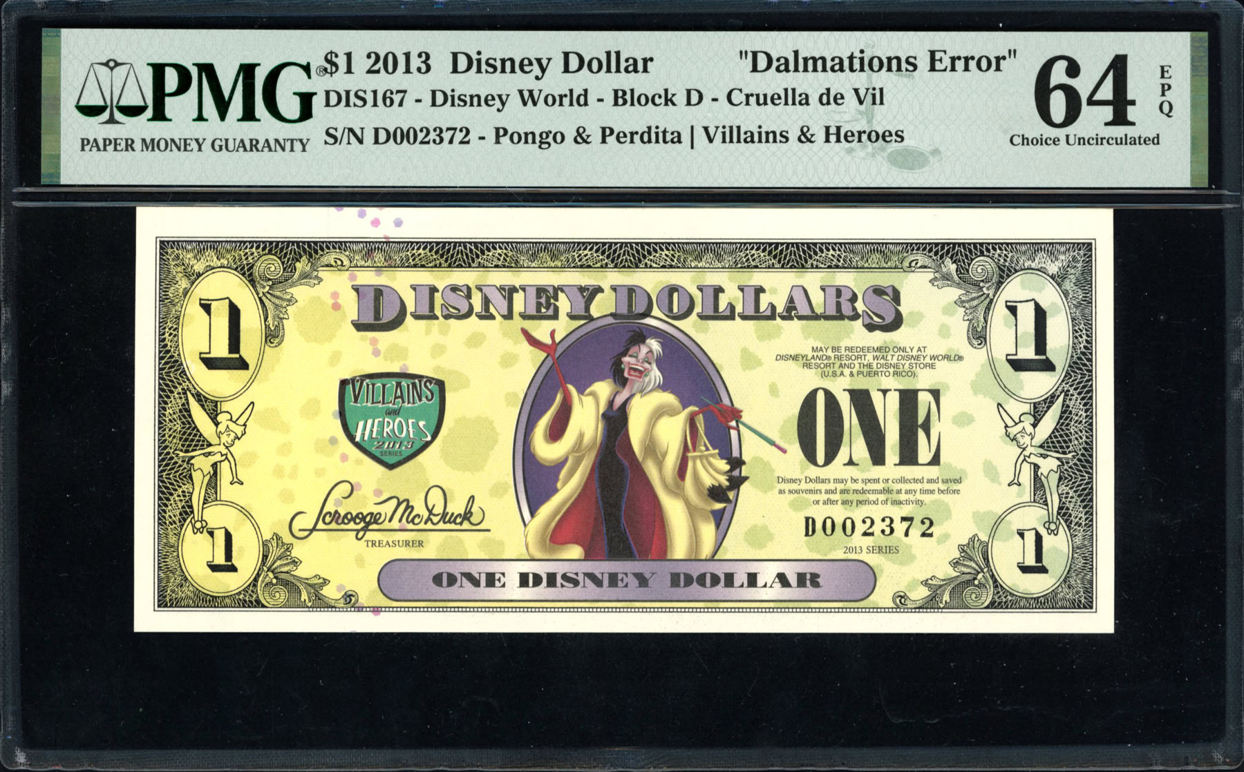 2013 Disney World $1 Disney Dollar Cruella de Vil / Pongo & Perdita ...