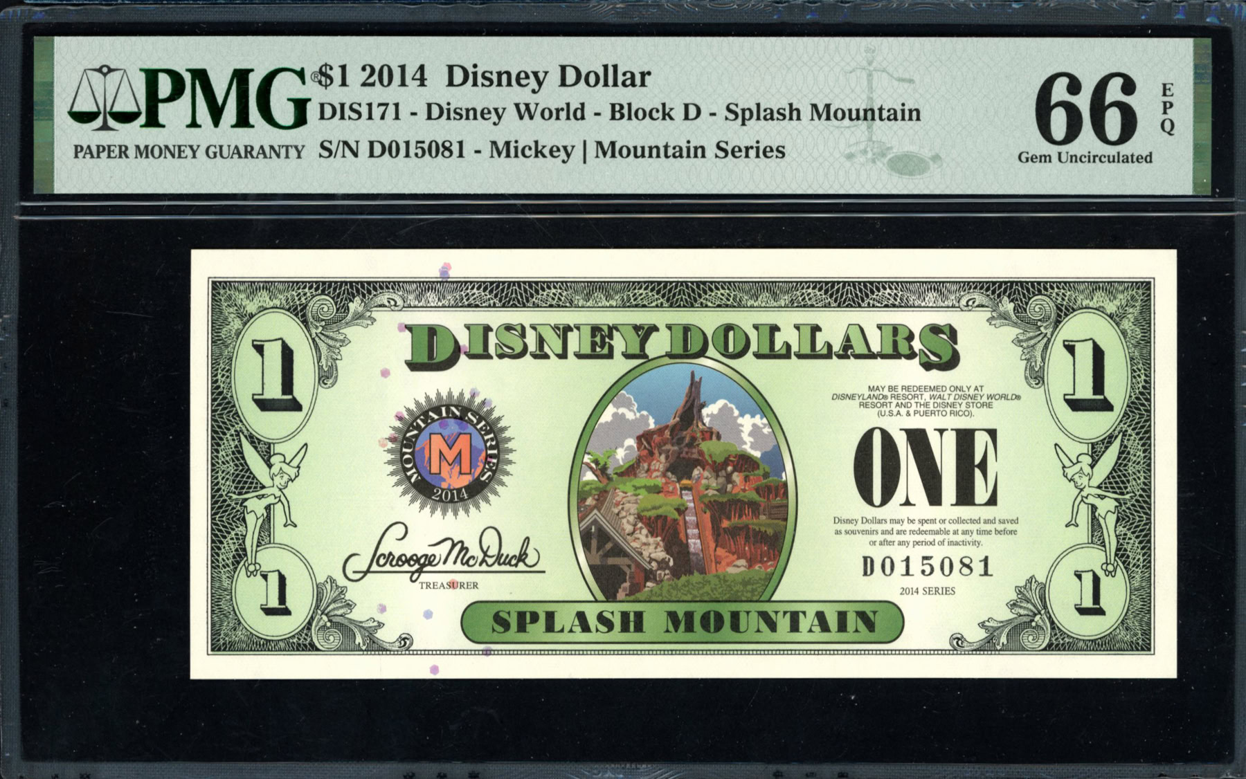 2014 Disney World $1 Disney Dollar Splash Mountain / Mickey / Mountain ...