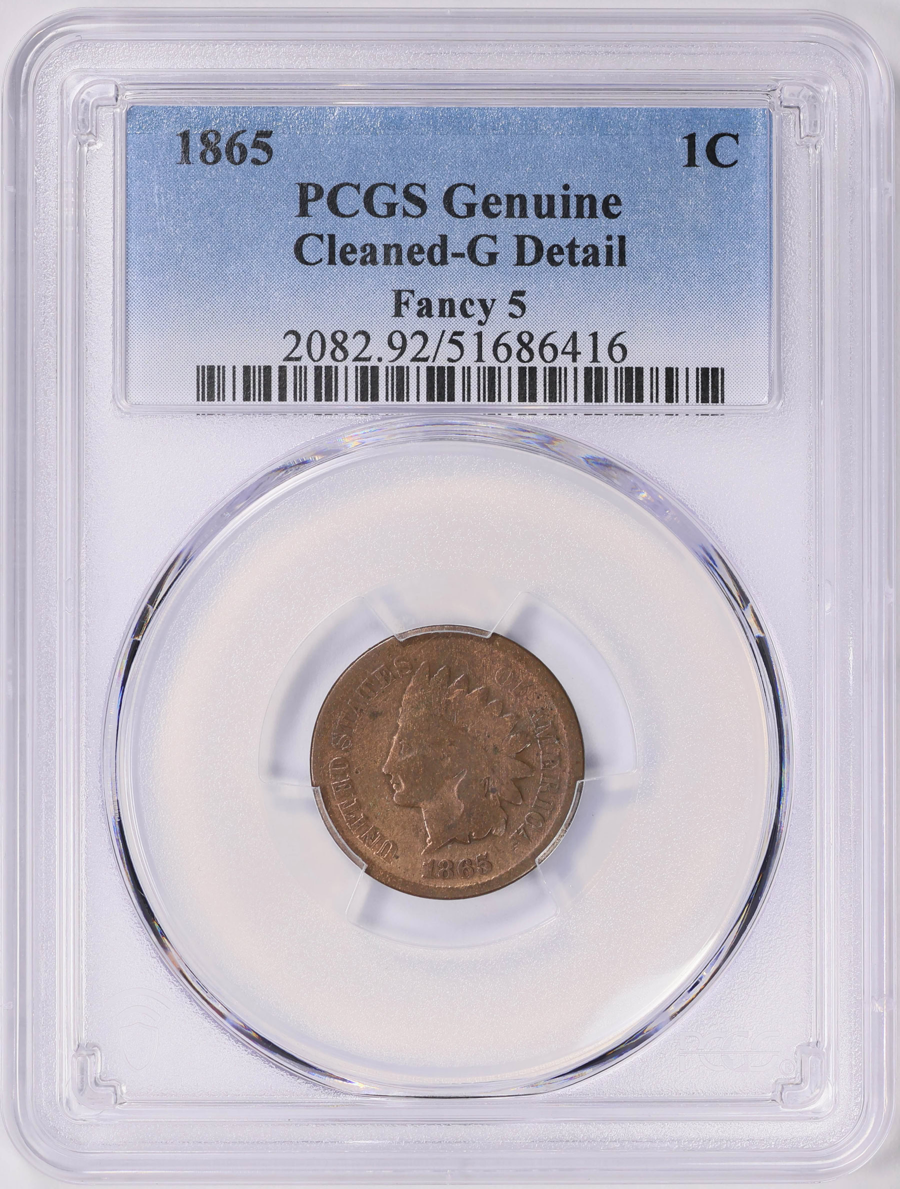 1865 Indian Cent Fancy 5 PCGS Genuine Good Details (Item 1800822) | GreatCollections Coin Auctions