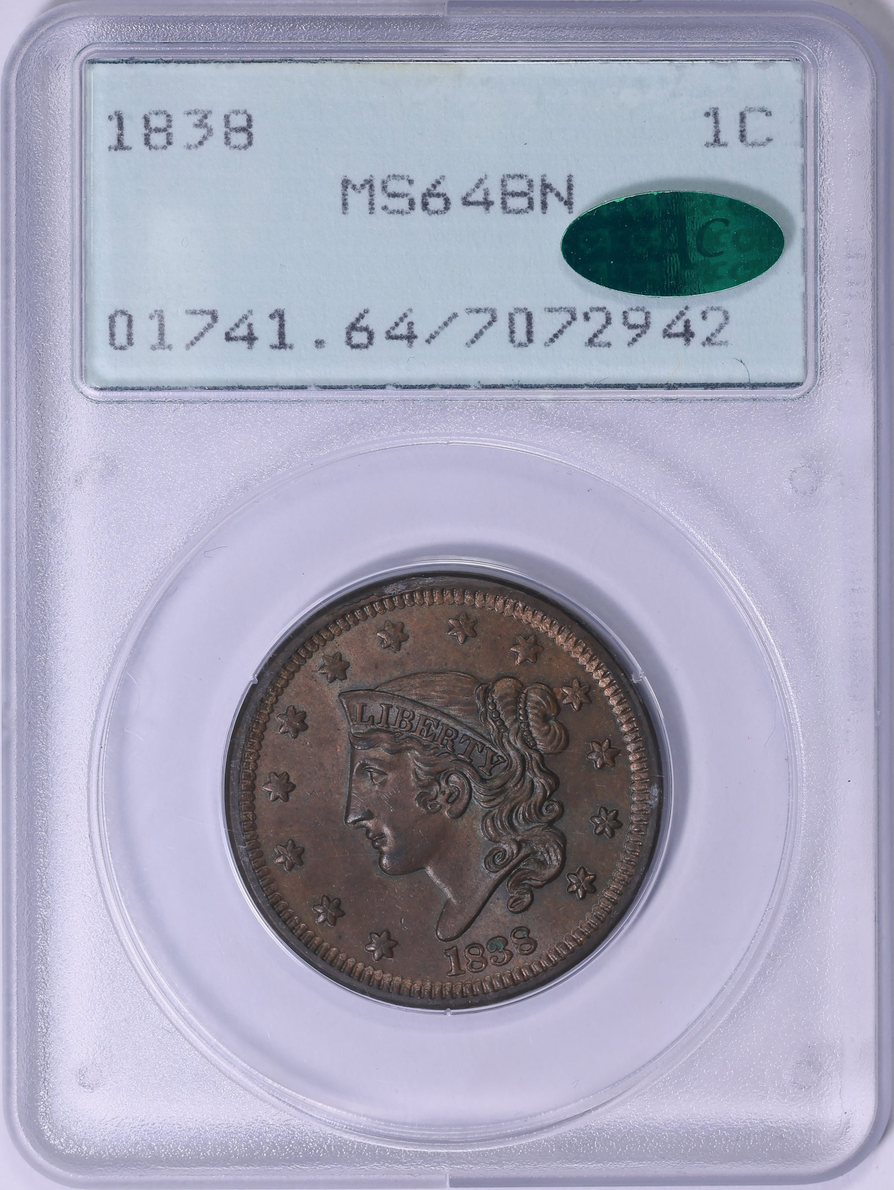 1838 Matron Cent PCGS MS-64 BN (CAC Green) OGH (1st Gen) (Item 1801031) | GreatCollections Coin ...