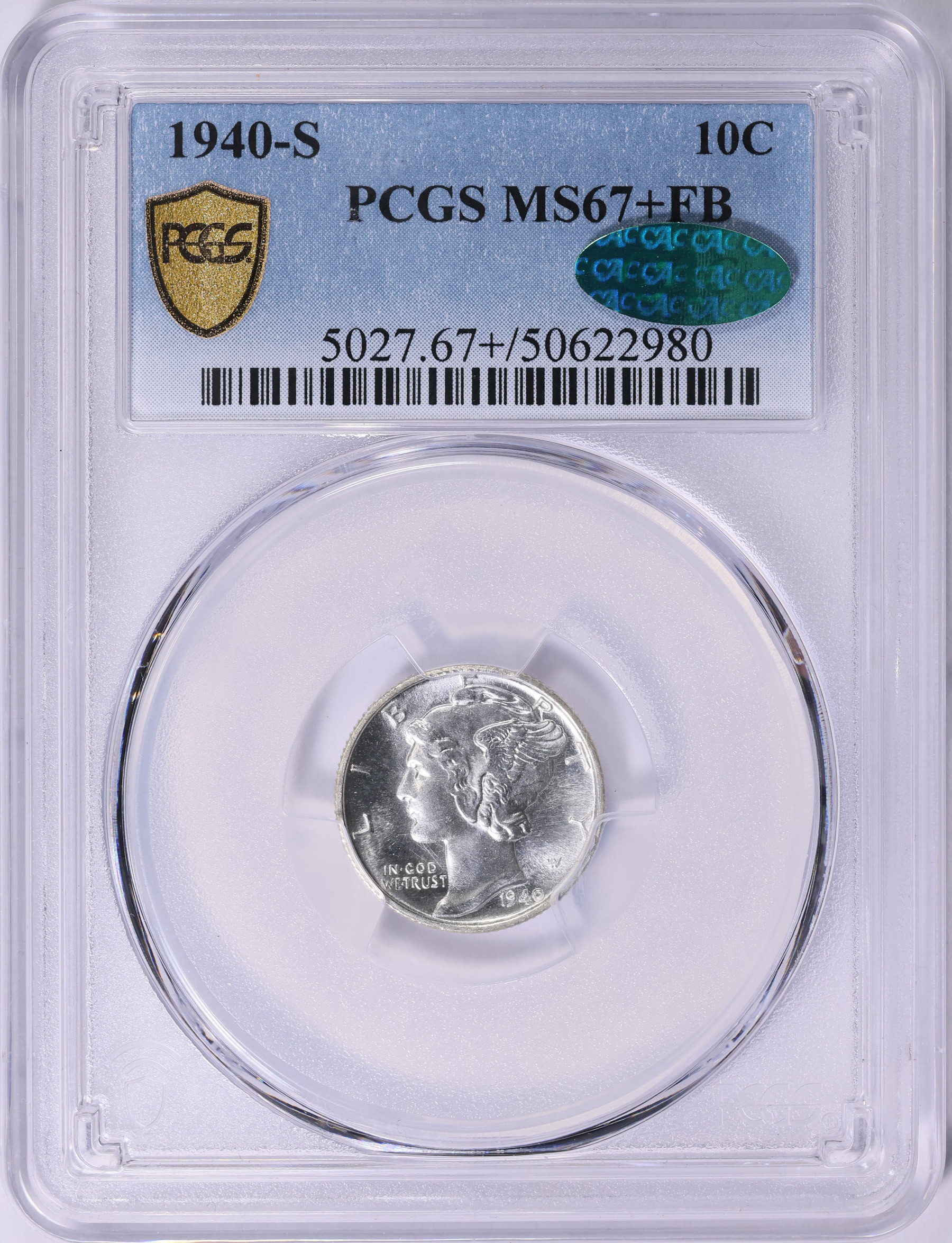 1940-S Mercury Dime PCGS MS-67+ FB (CAC Green) (Item 1801052) | GreatCollections Coin Auctions