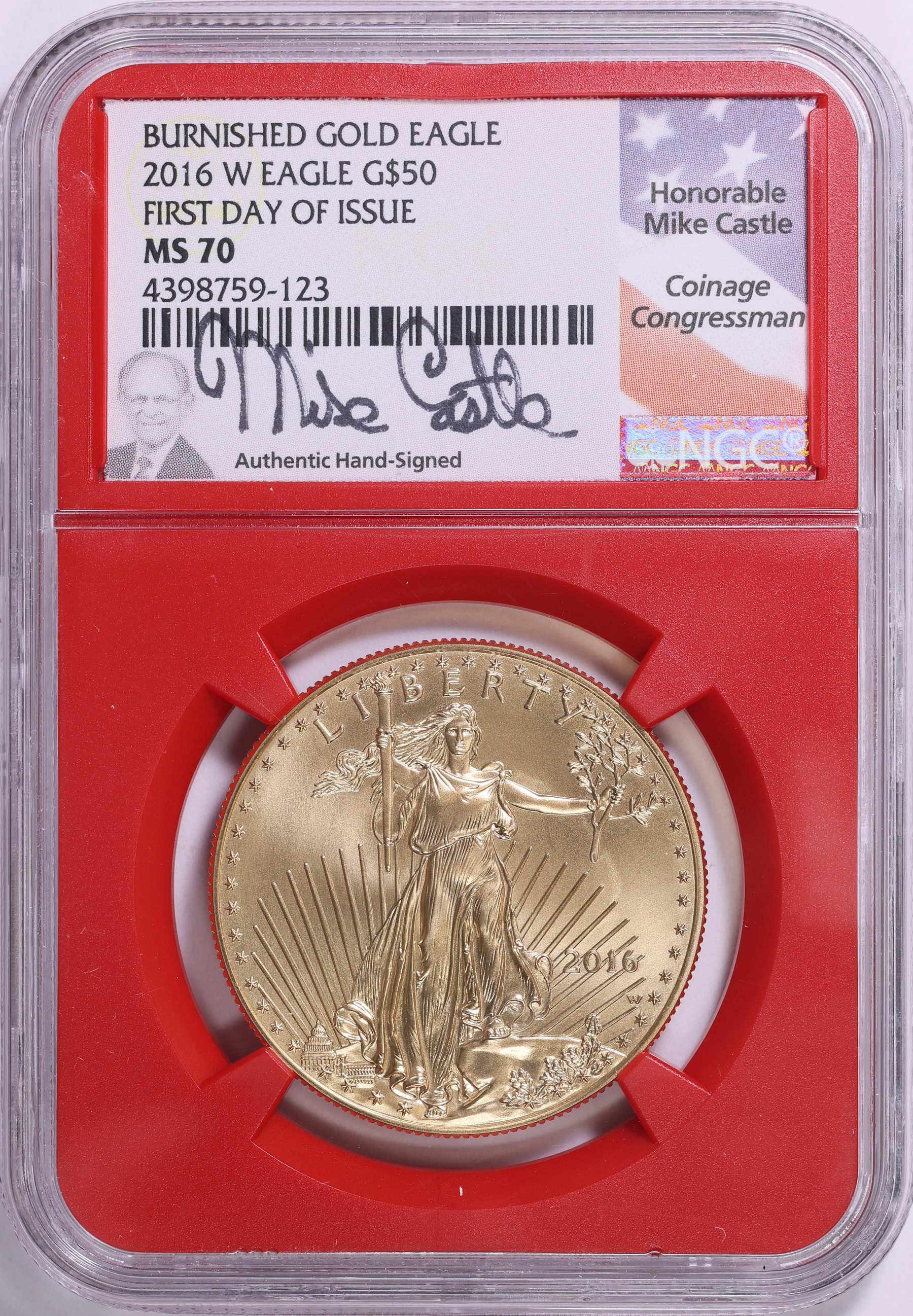 2016-W $50 One-Ounce Gold American Eagle Burnished First Day of Issue 30th Anniversary NGC MS-70 ...
