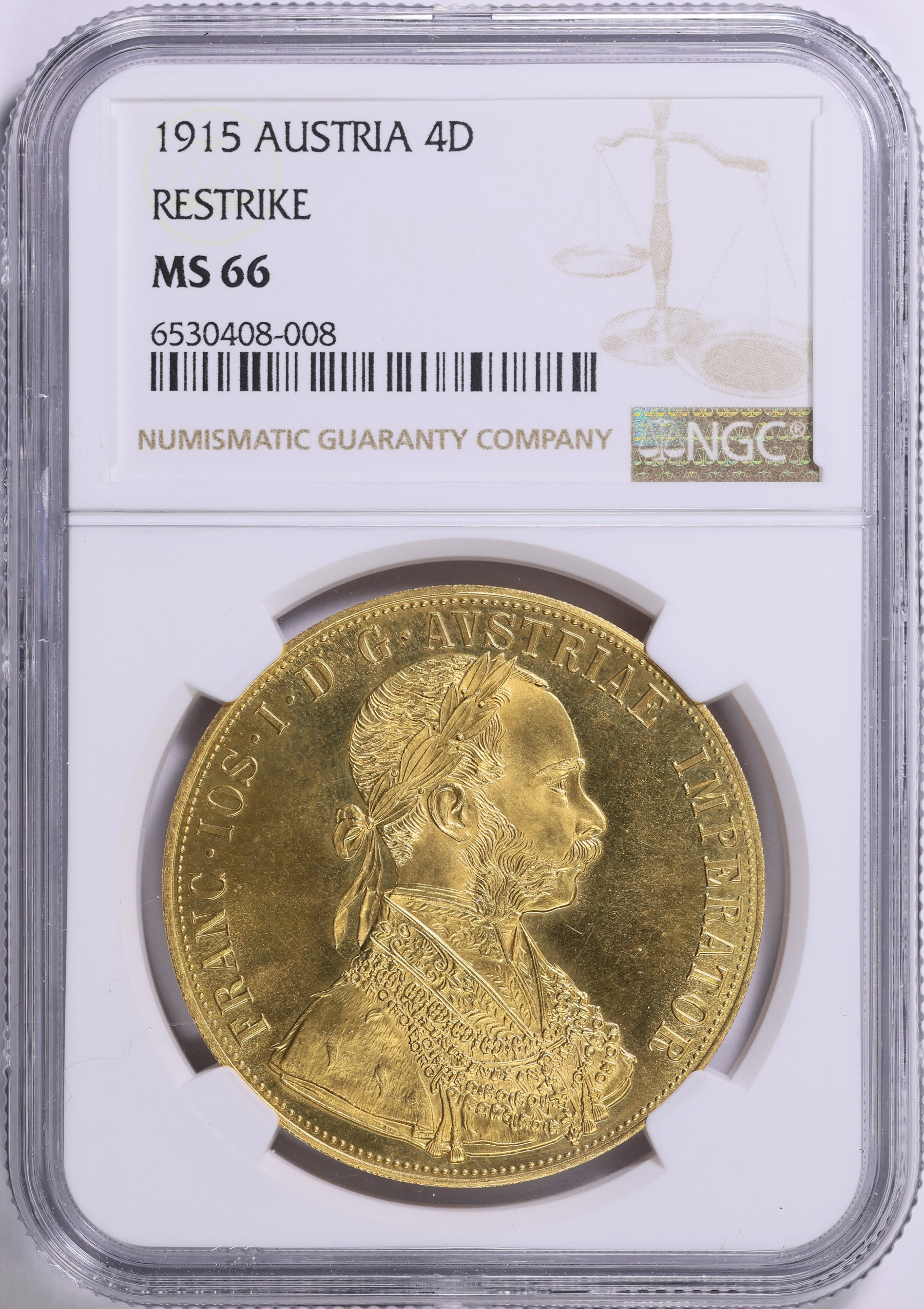 Austria 1915 Gold 4 Ducat Restrike KM-2276 NGC MS-66 (AGW = 0.4427 oz.) (Item 1801113 ...