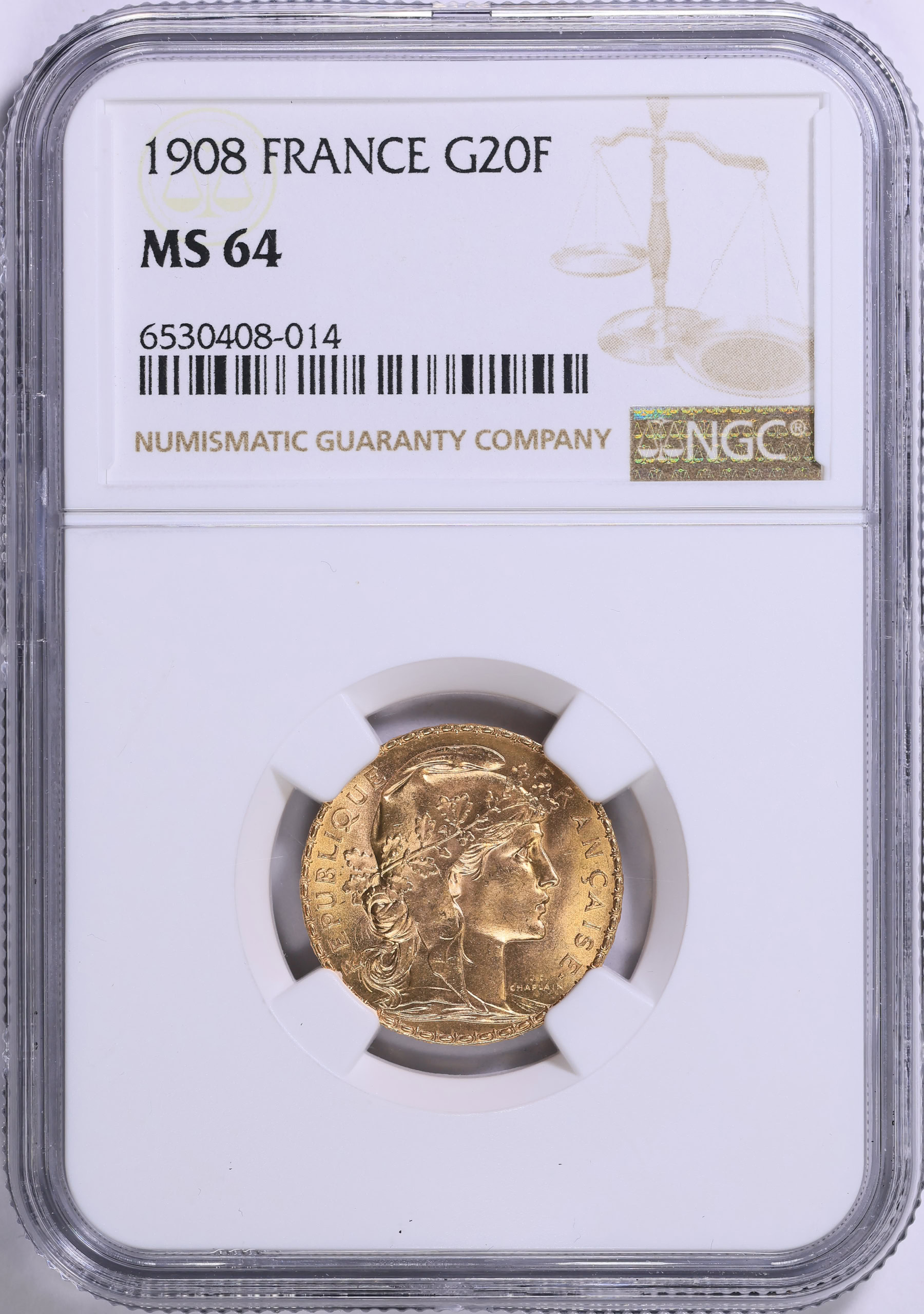 France 1908 Gold 20 Francs KM-857 NGC MS-64 (AGW = 0.1866 oz.) (Item 1801115) | GreatCollections ...