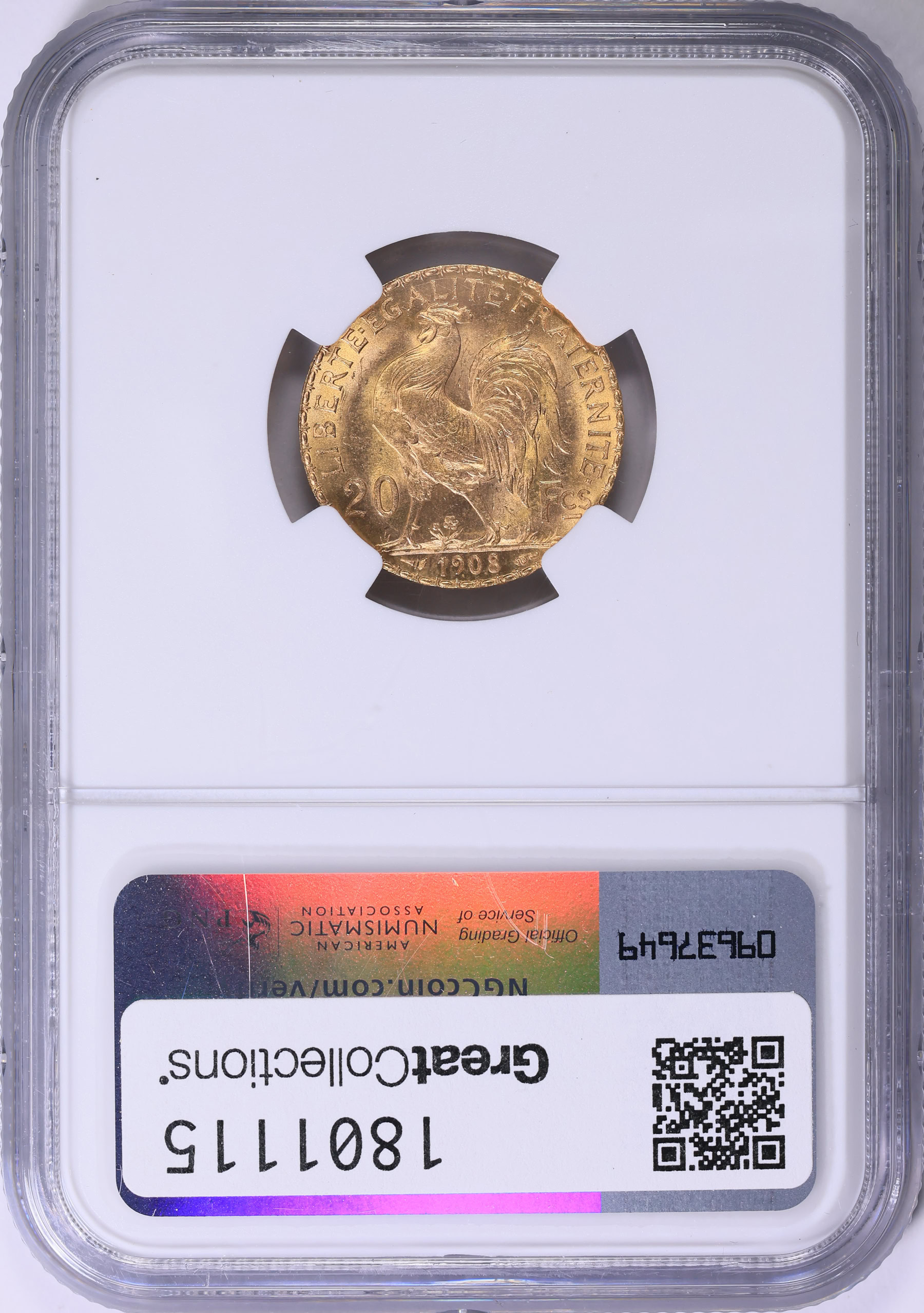France 1908 Gold 20 Francs KM-857 NGC MS-64 (AGW = 0.1866 oz.) (Item ...