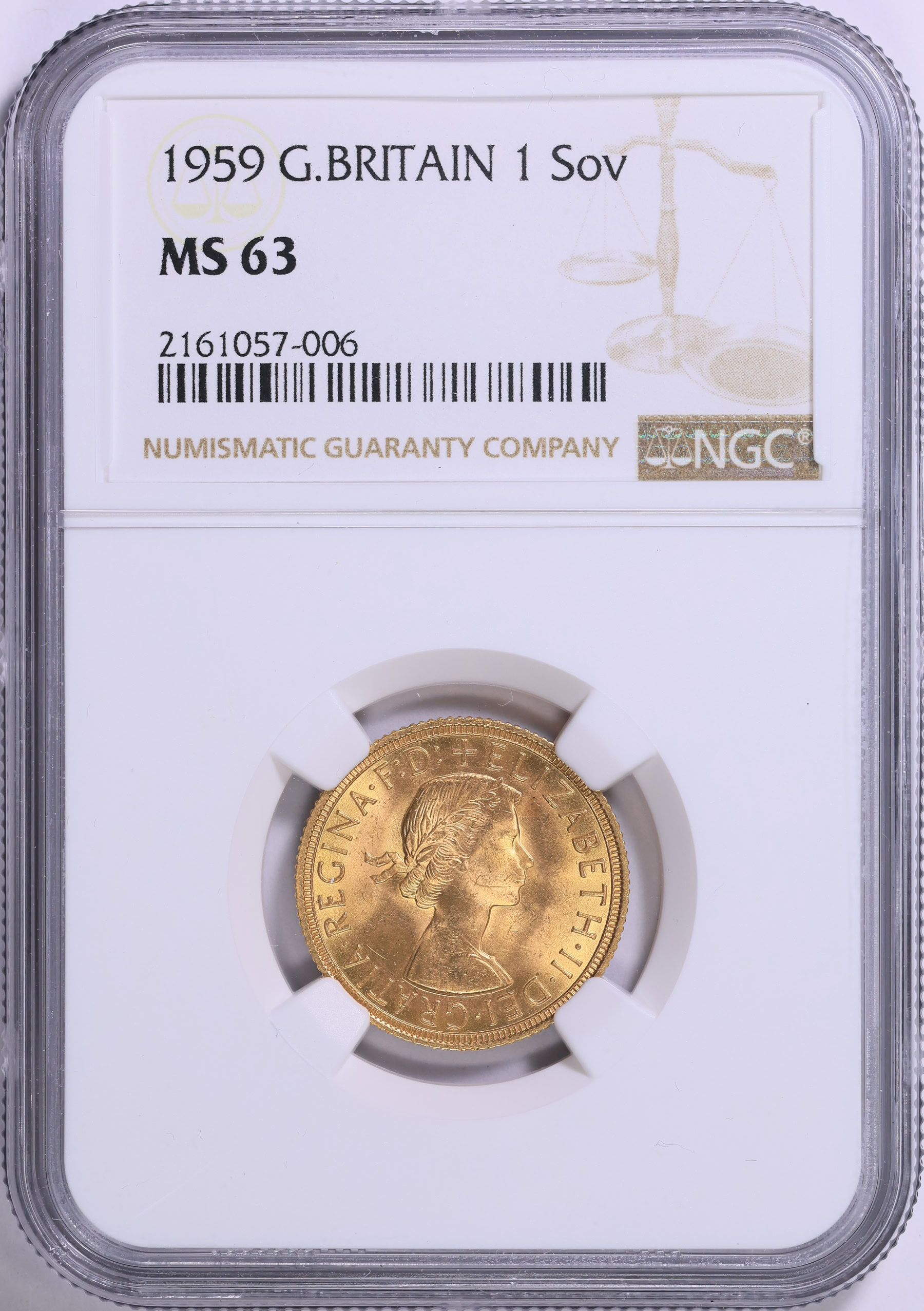 Great Britain 1959 Gold Sovereign KM-908 NGC MS-63 (AGW = 0.2355 oz ...