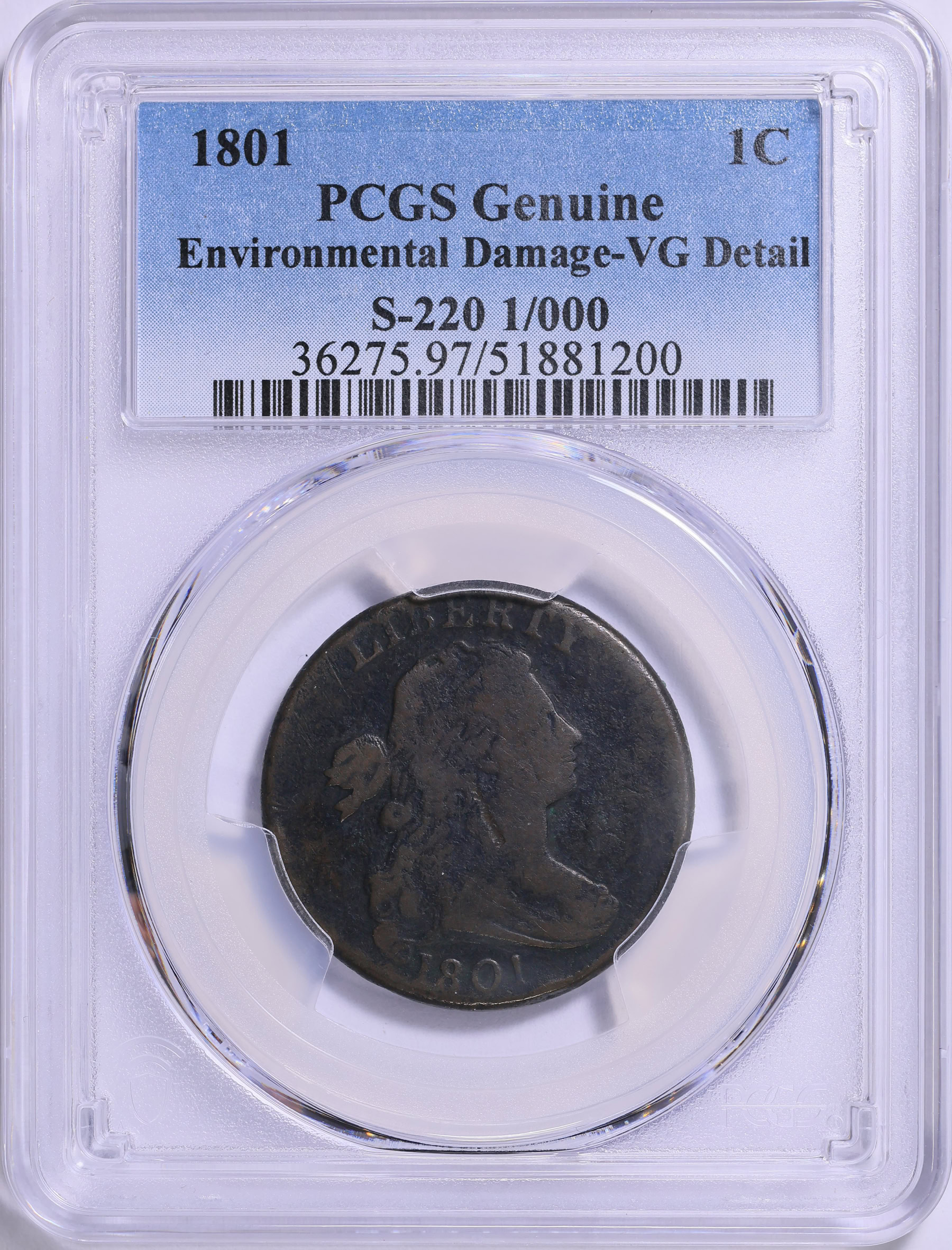 1801 Draped Bust Cent 1/000 Sheldon 220 PCGS Genuine VG Details (Item ...