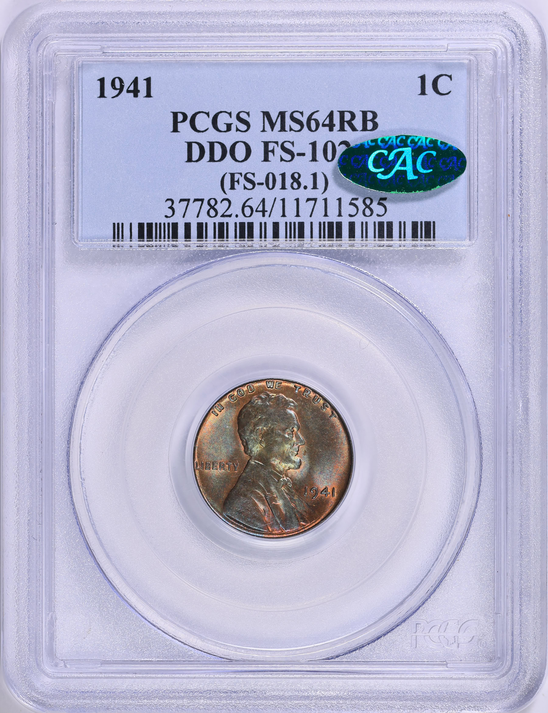 1941 Lincoln Cent Doubled Die Obverse FS-102 (FS-018.1) PCGS MS-64 RB (CAC Green) (Toned) (Item ...