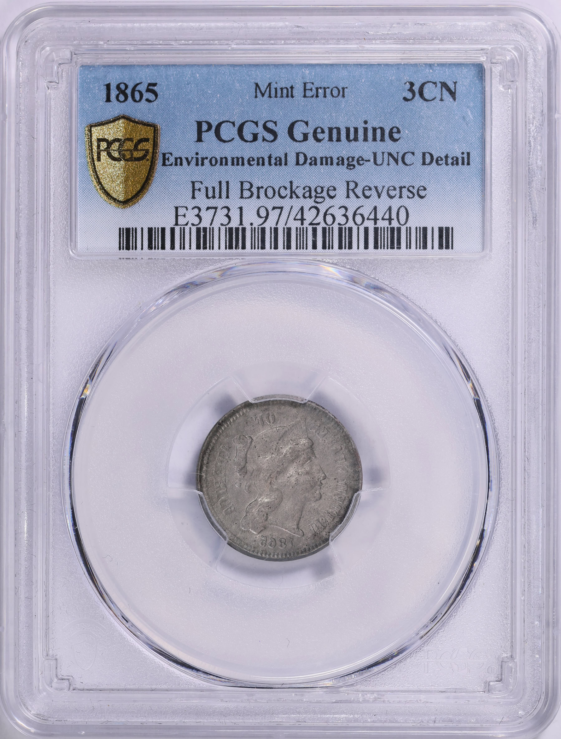 Mint Error 1865 Copper Nickel Three Cents Full Brockage Reverse PCGS ...