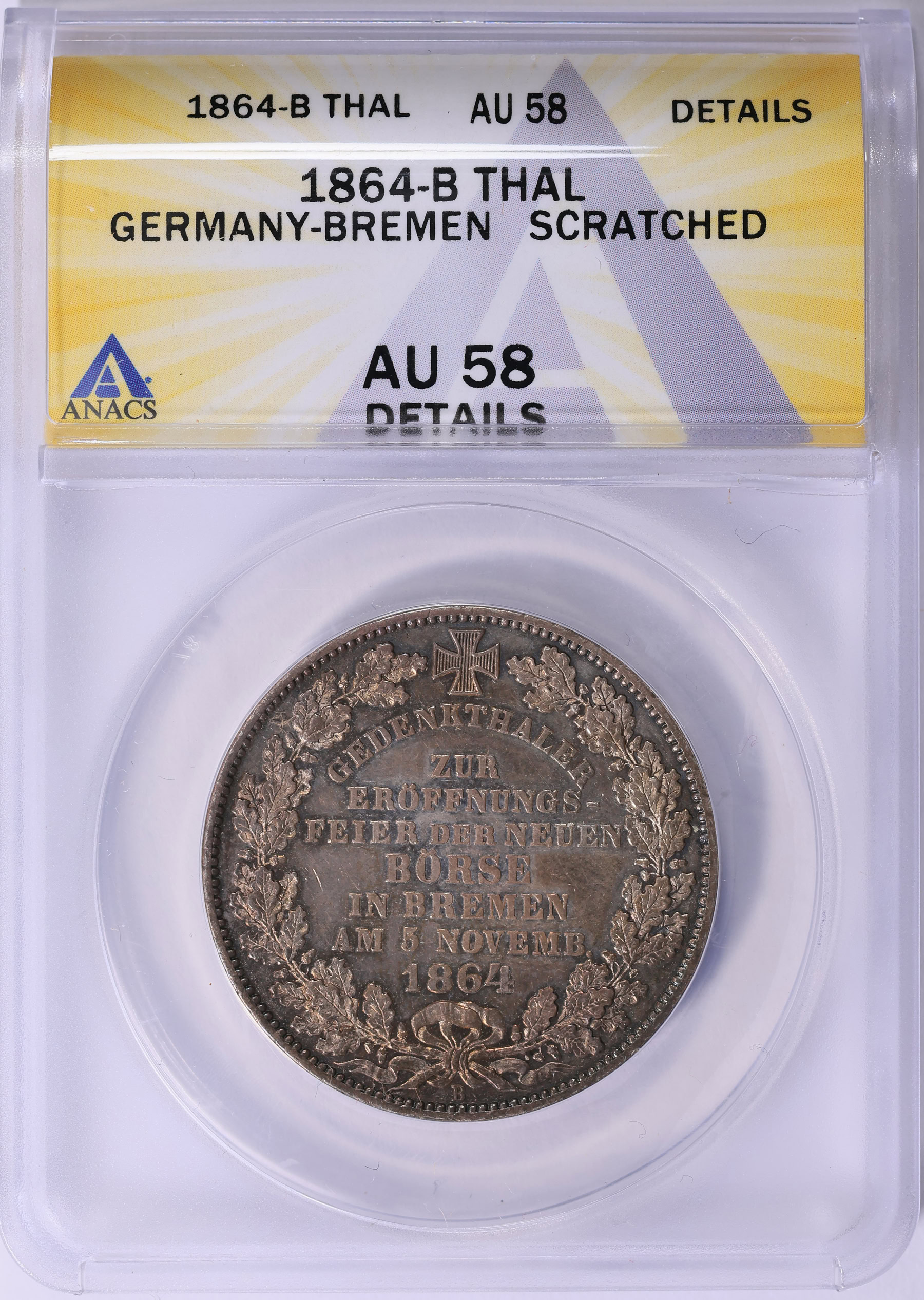 Germany - Bremen 1864-B Silver Medallic Thaler Opening of Bourse ANACS ...