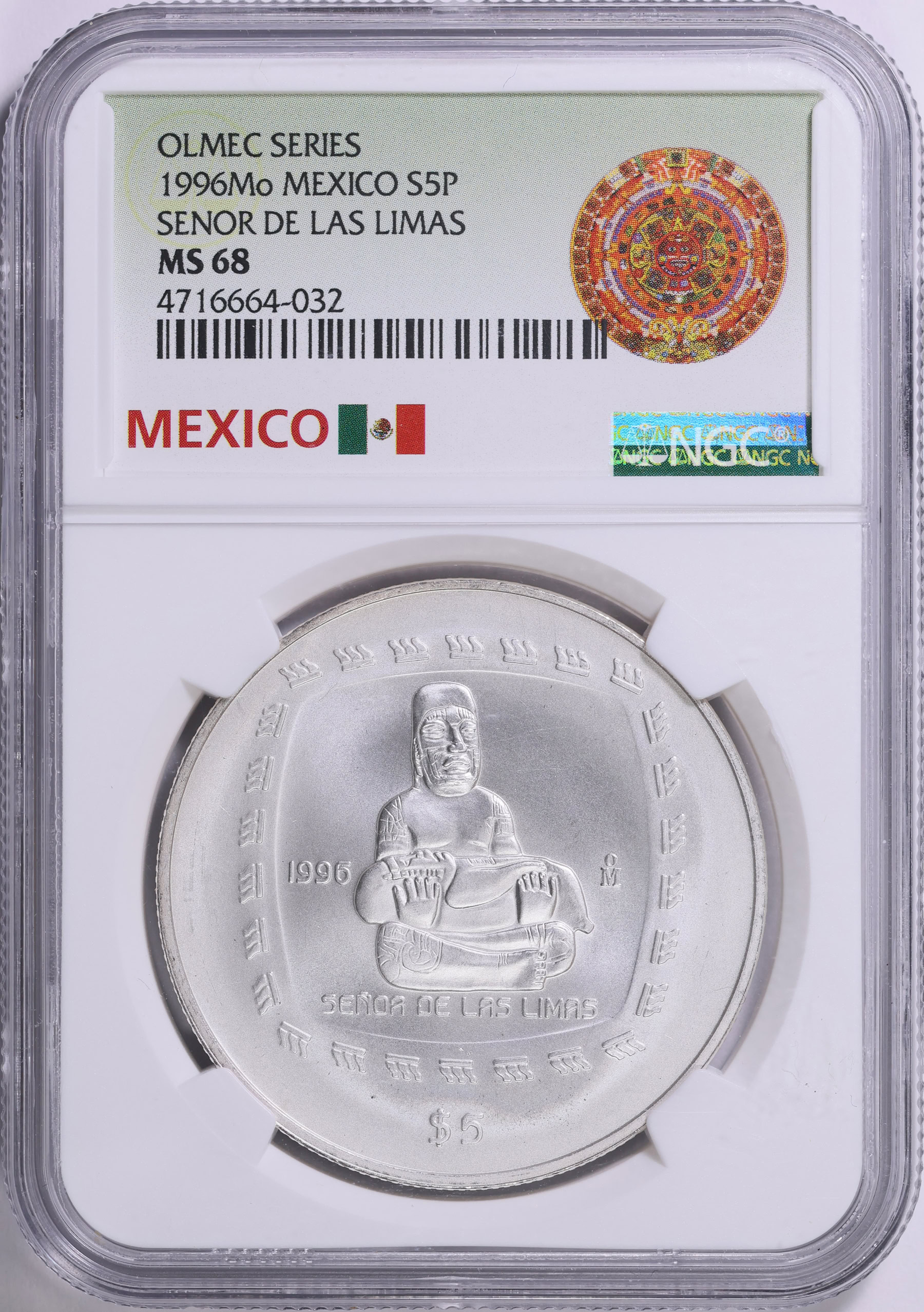 Mexico 1996-Mo Silver 5 Pesos Olmec Series Senor De Las Limas KM-595 ...